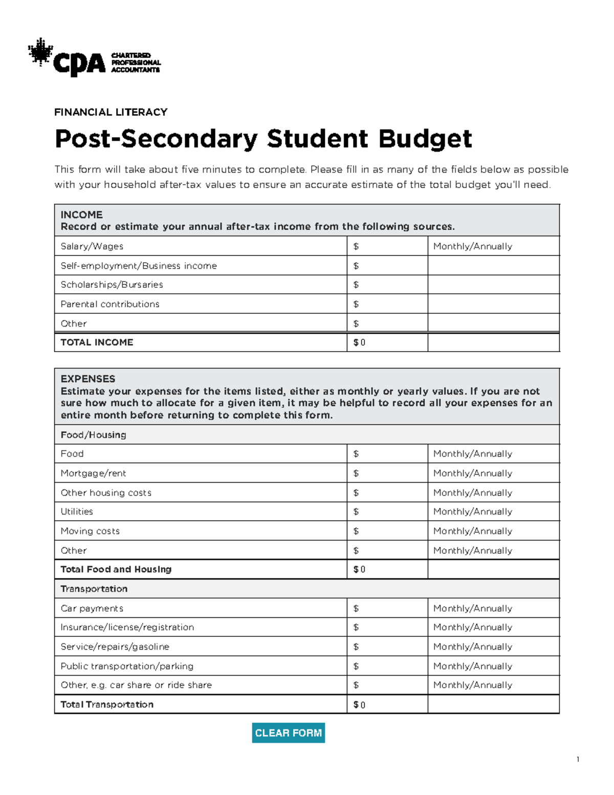 FL-Worksheet-PS-Student-Budget - 1 FINANCIAL LITERACY Post-Secondary ...