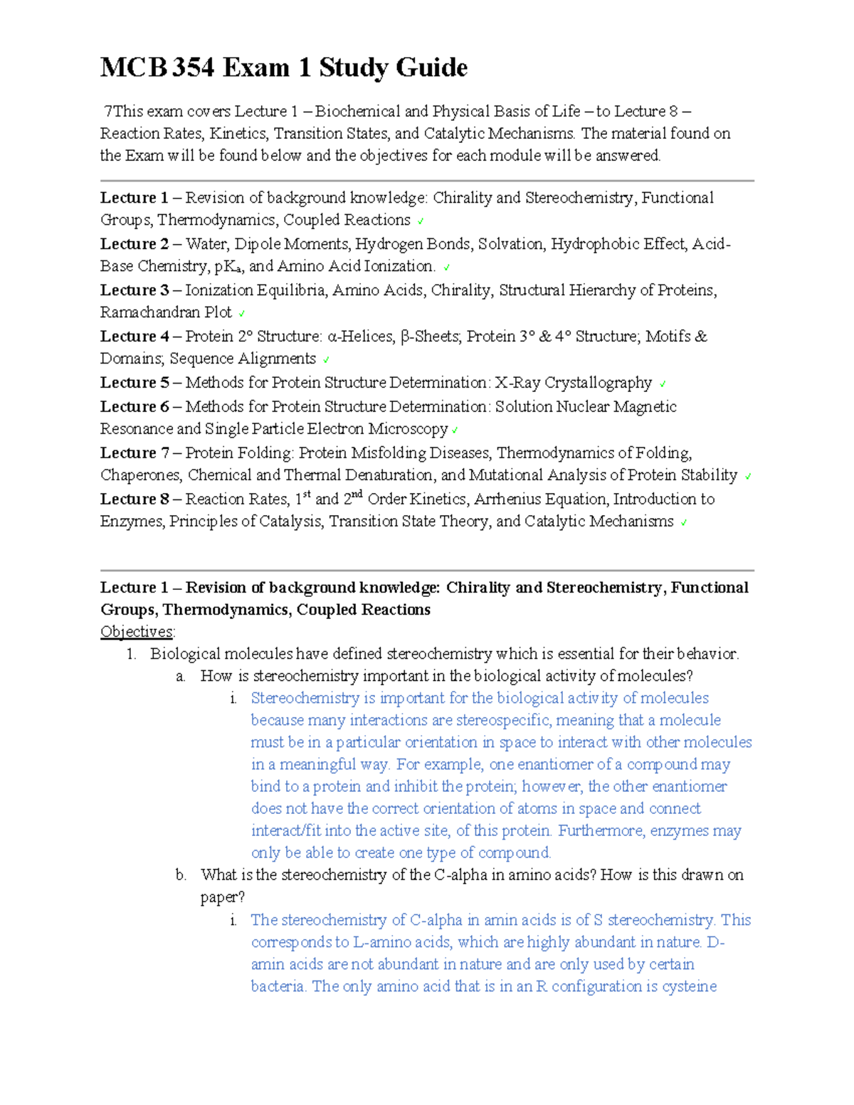 Hunter s MCB 354 Exam 1 Objectives (Finished) - 7 This exam covers Lecture 1 – Biochemical and ...