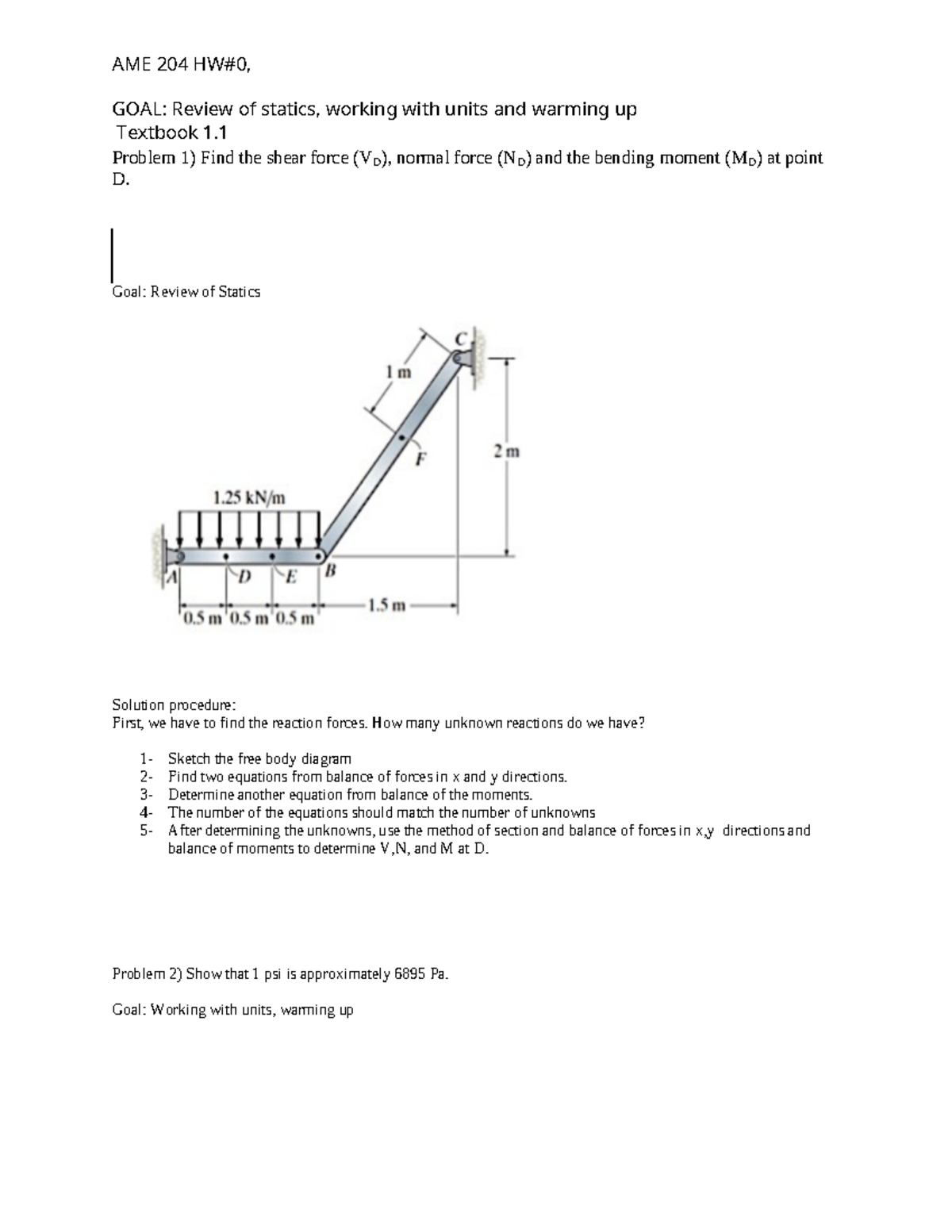 HW0 - Answer Key (Statics Review HW) - AME 204 HW#0, GOAL: Review of ...