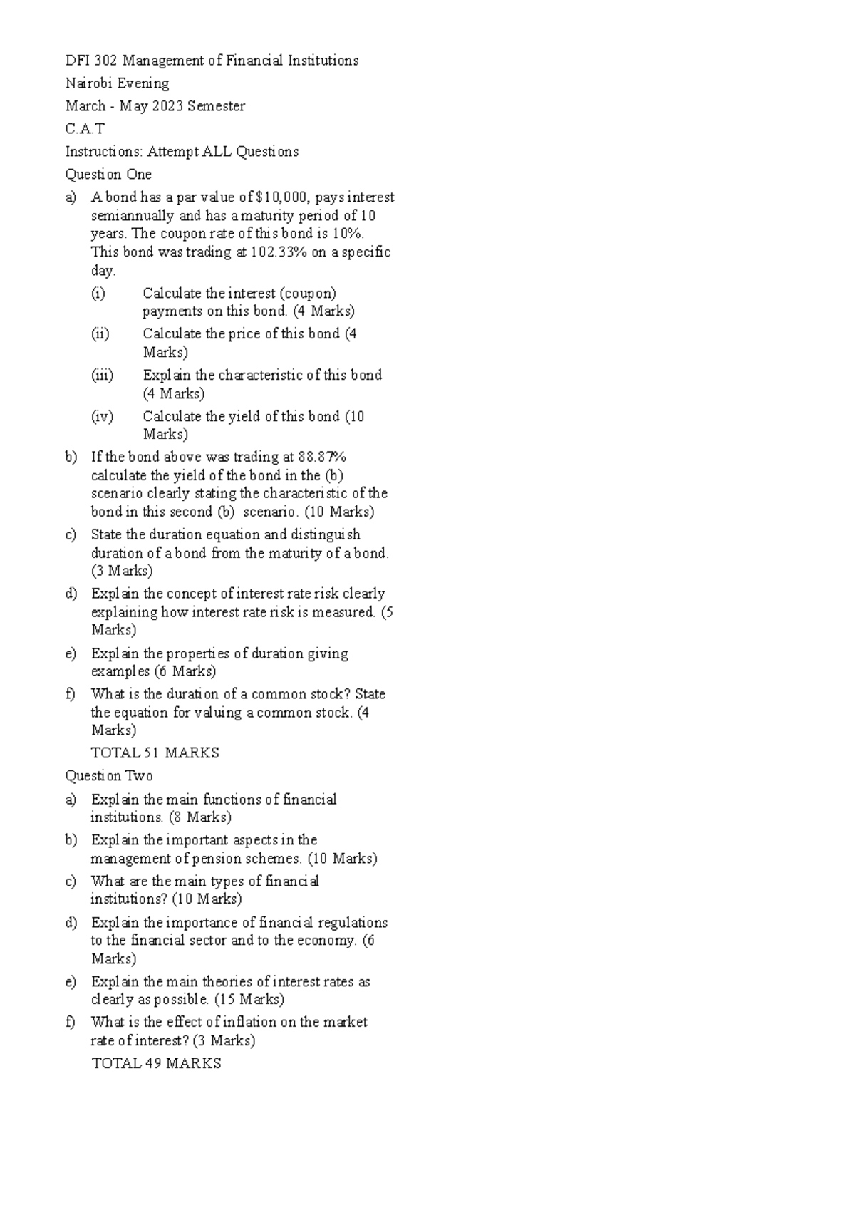 DFI 302 Management of Financial Institutions C.A.T March May 2023 - DFI ...
