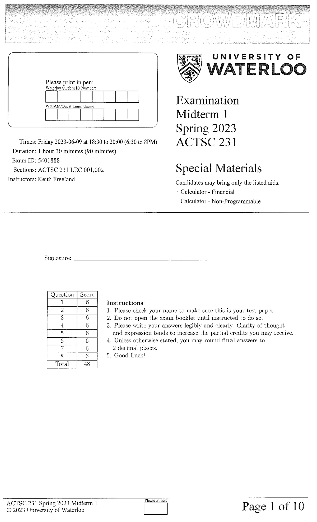 Actsc 231 Midterm 1 S23 solution - Math 135 - Studocu