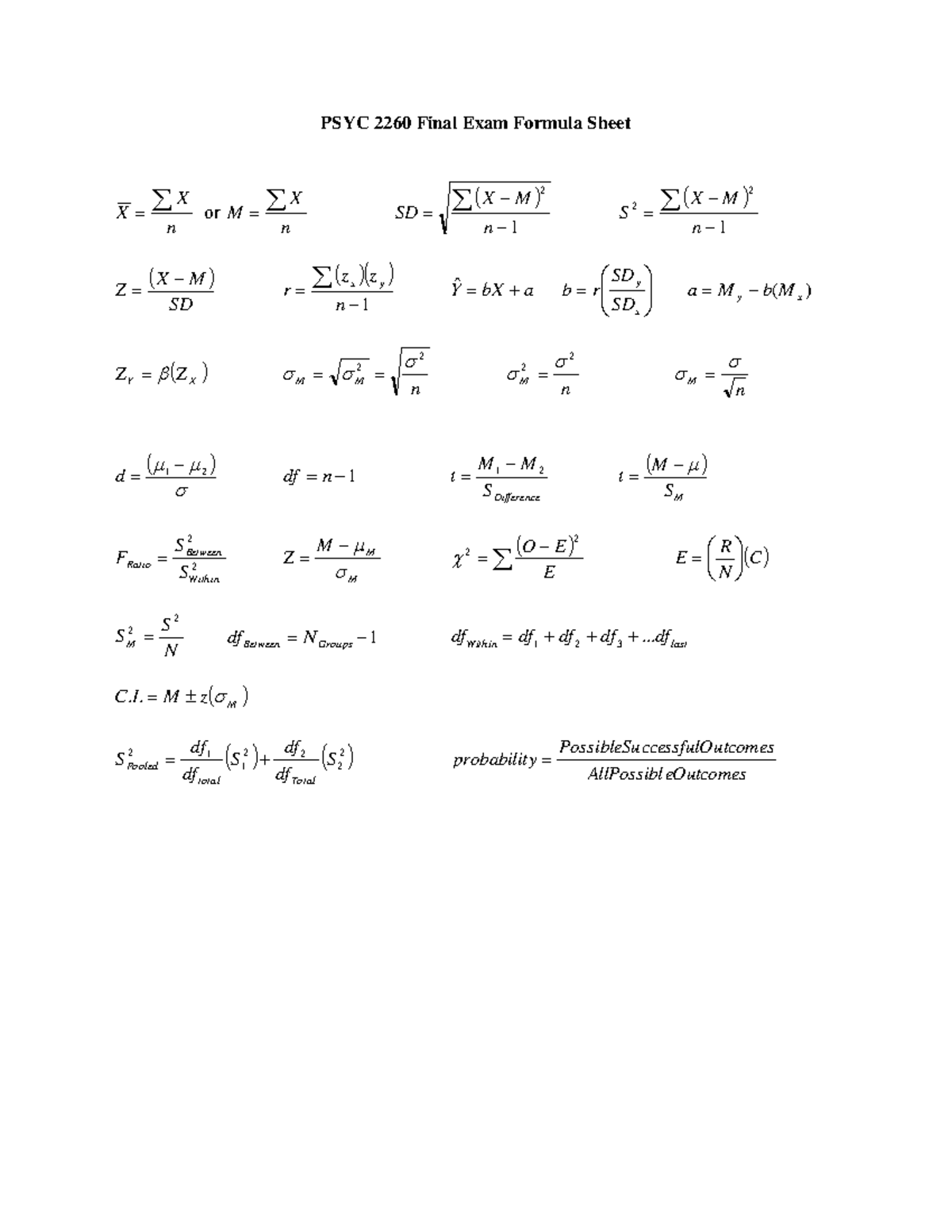 PSYC 2260 formula sheet - PSYC 2260 Final Exam Formula Sheet n X X or n ...