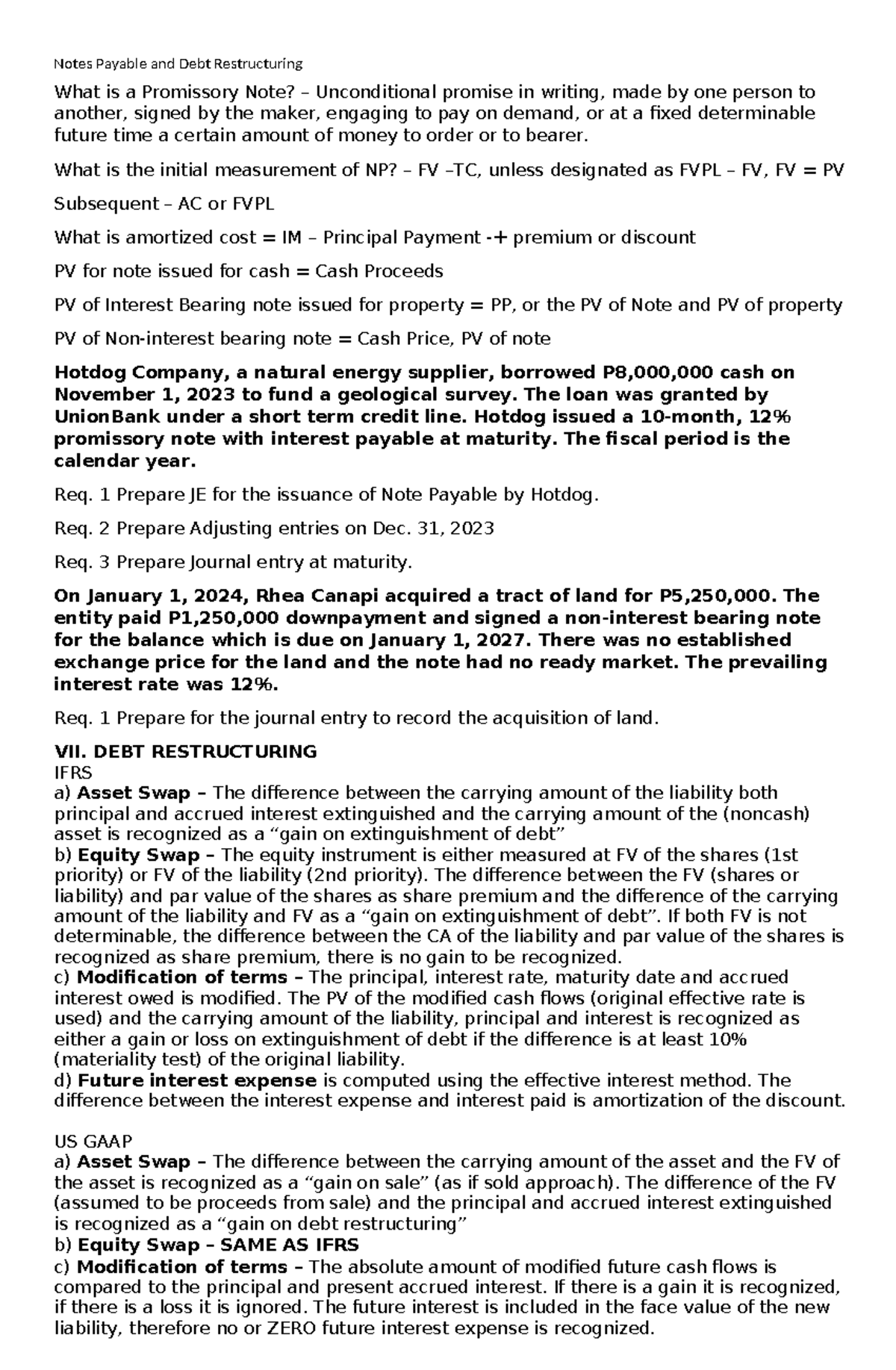 Notes to lecture - Notes Payable and Debt Restructuring What is a ...