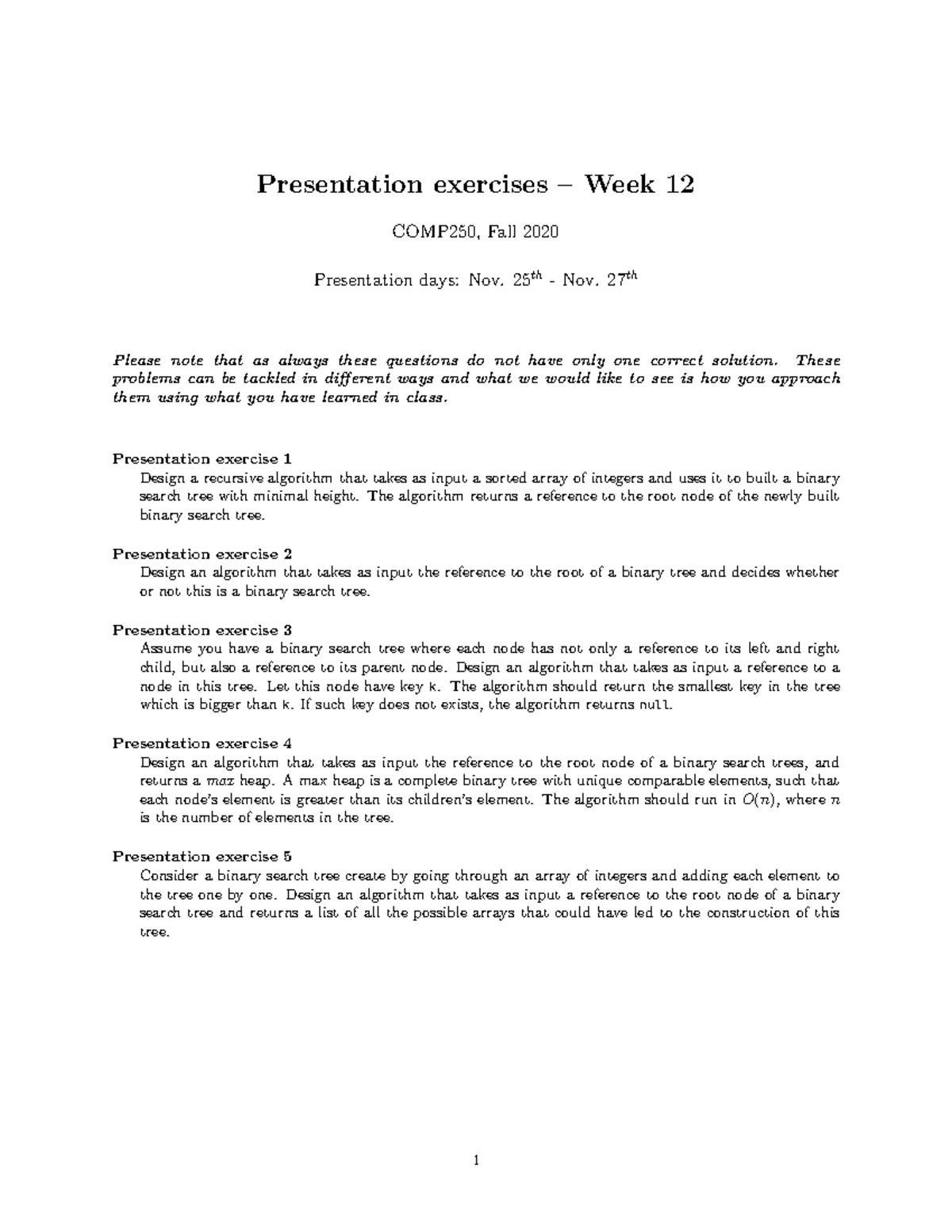 COMP250 Fall2020 Presentation Exercises Week12 - Copy - Presentation exercises – Week 12 COMP250 ...