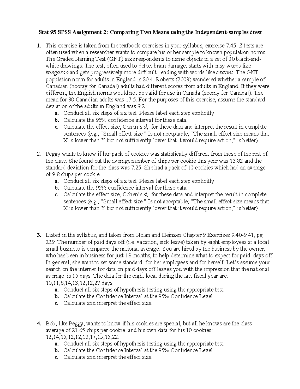 STAT 95 Assignment 2 - Stat 95 SPSS Assignment 2: Comparing Two Means ...