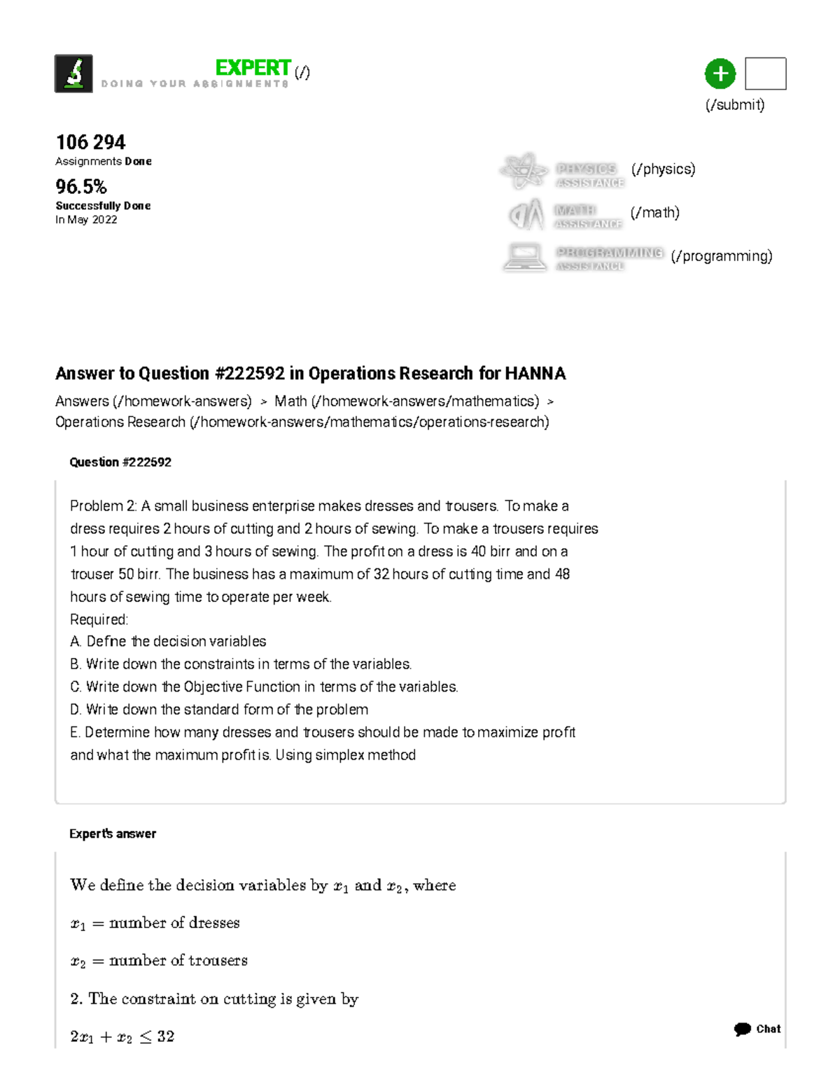 Answer in Operations Research for Hanna #222592 - (/) (/submit) Answer ...