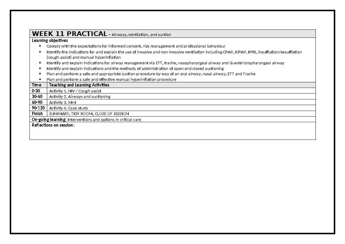 WEEK 11 Practical - CSU acute care physio - WEEK 11 PRACTICAL – Airways ...