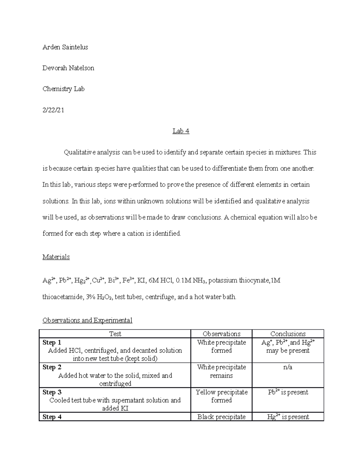 Chem 106 Lab Report 4 - Arden Saintelus Devorah Natelson Chemistry Lab ...