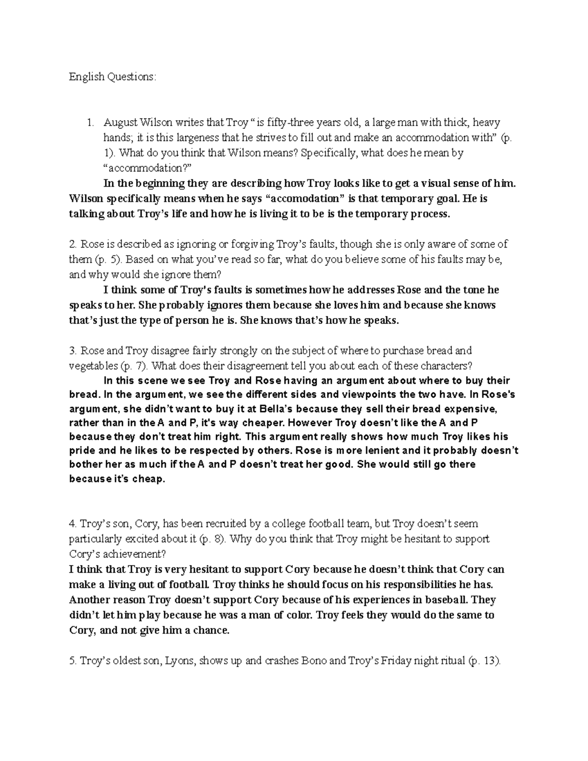 Copy of Emma Diaz - Fences Act 1 Questions - English Questions: August ...