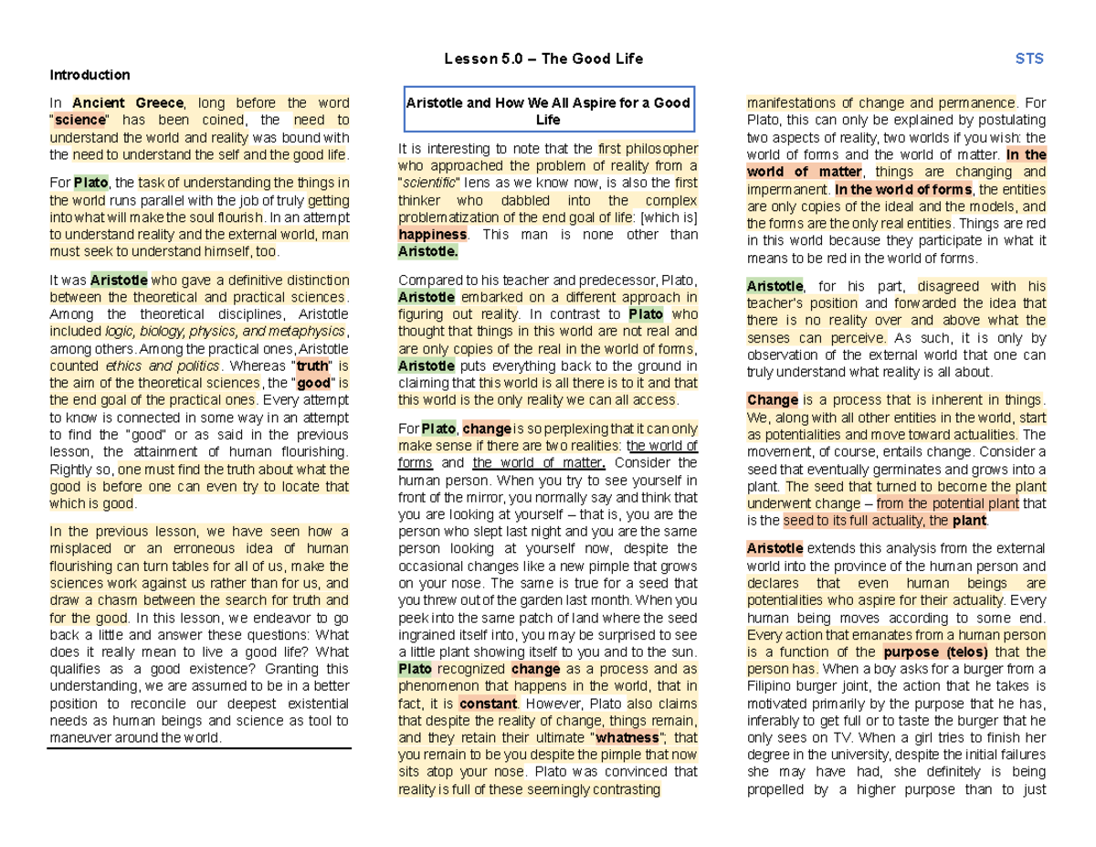 Lesson 5.0 - Notes - Lesson 5 – The Good Life STS Introduction In ...