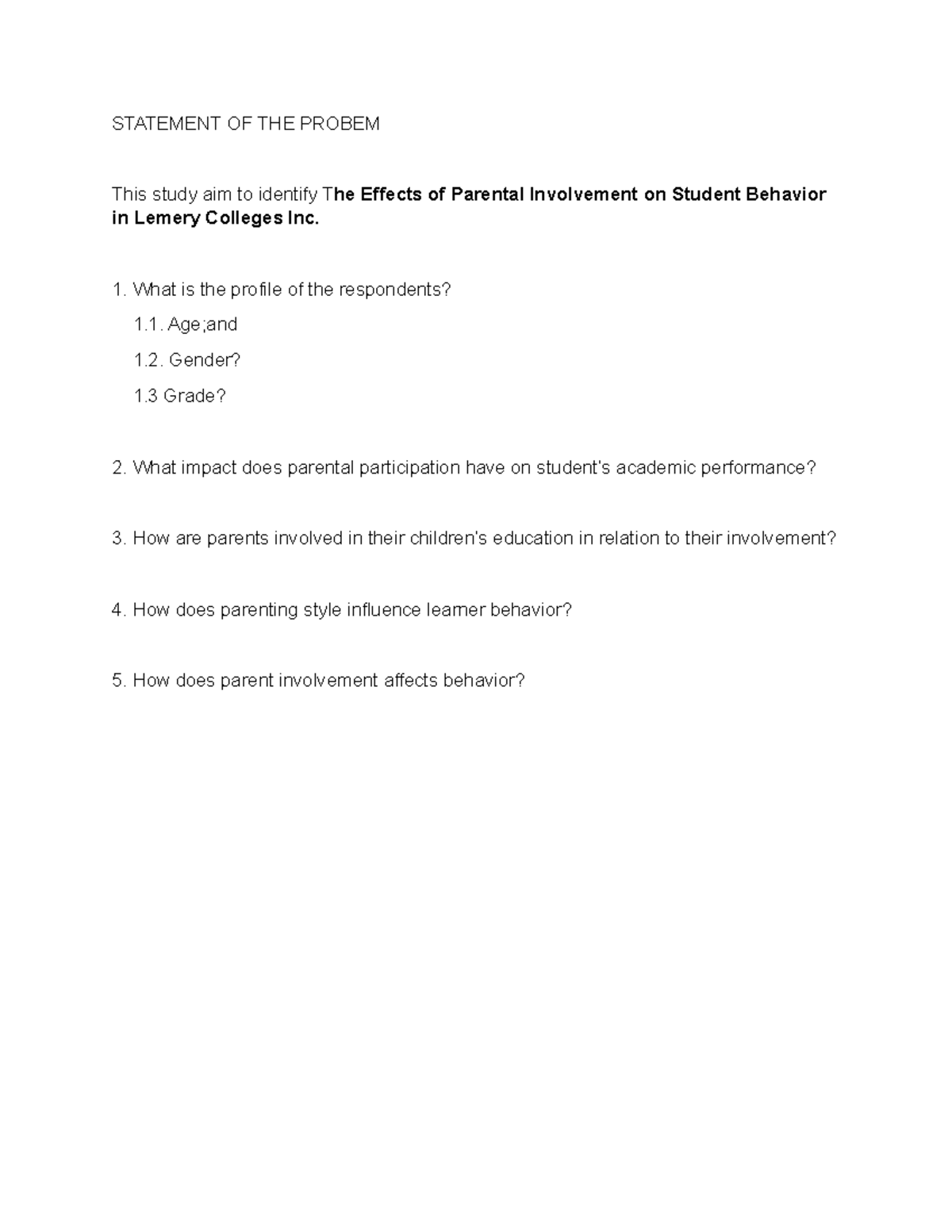 Statement OF THE Probem - STATEMENT OF THE PROBEM This study aim to ...