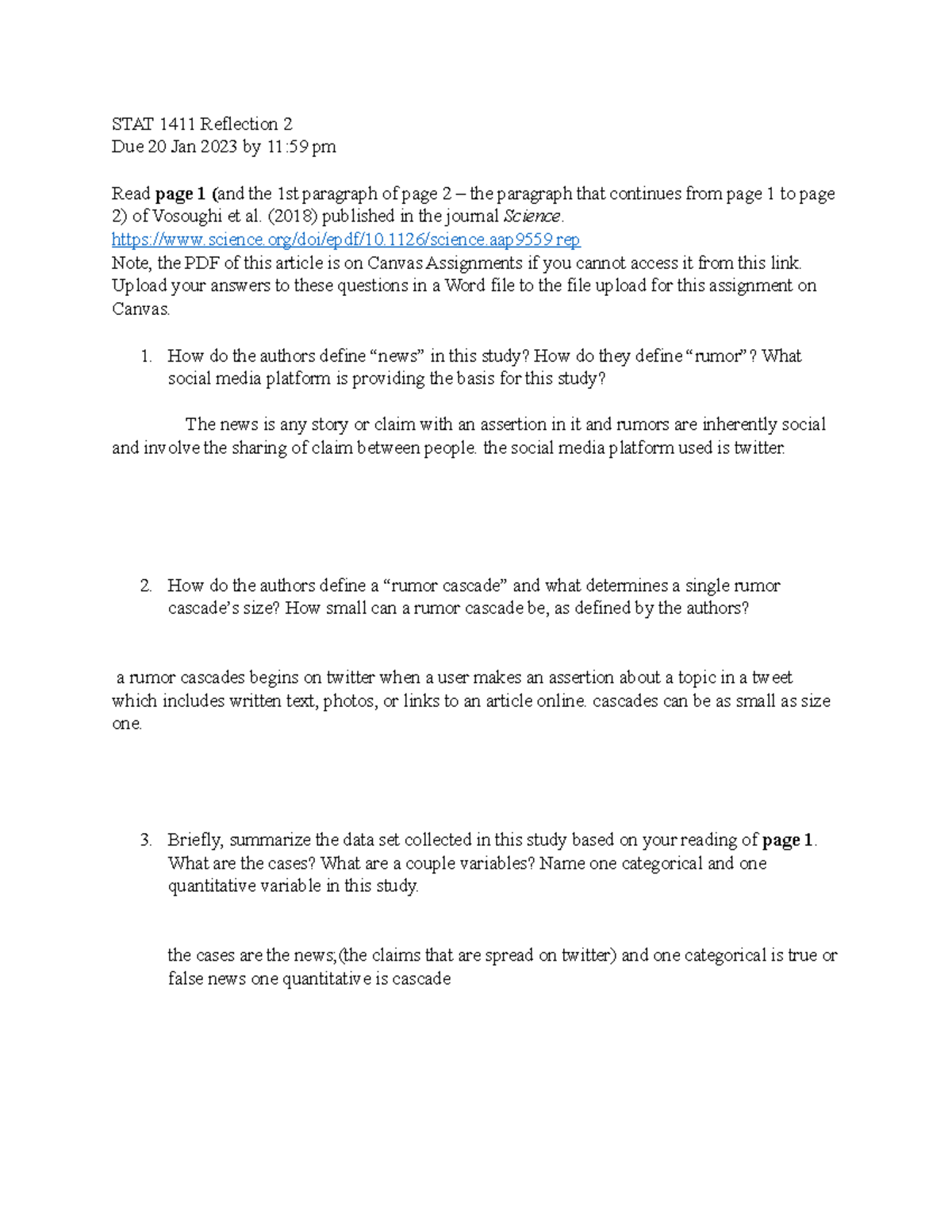 Reflection 2-1 - assignment - STAT 1411 Reflection 2 Due 20 Jan 2023 by 11:59 pm Read page 1 ...