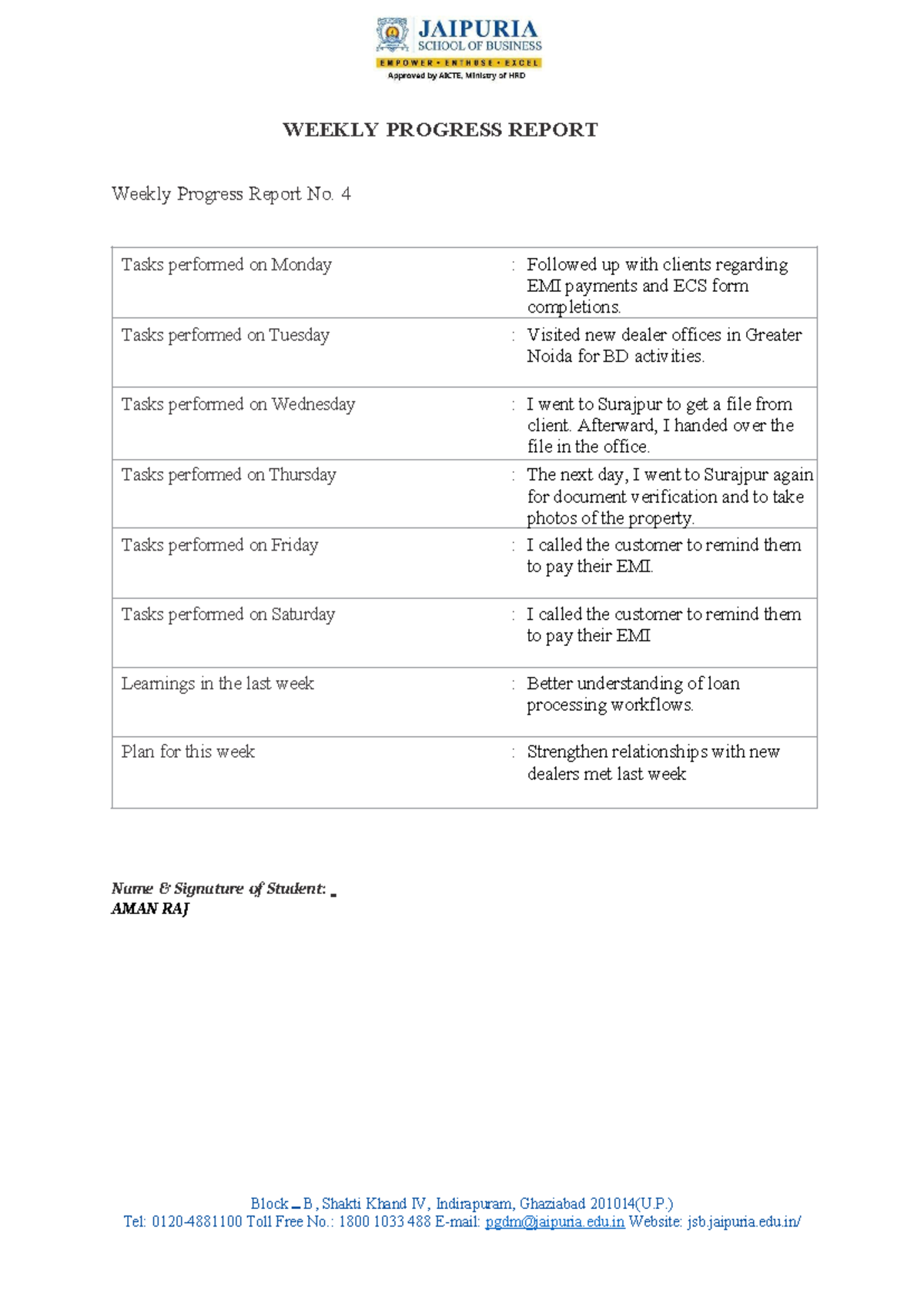 Weekly Report 4 - HFFC - WEEKLY PROGRESS REPORT Weekly Progress Report No. 4 Tasks performed on ...