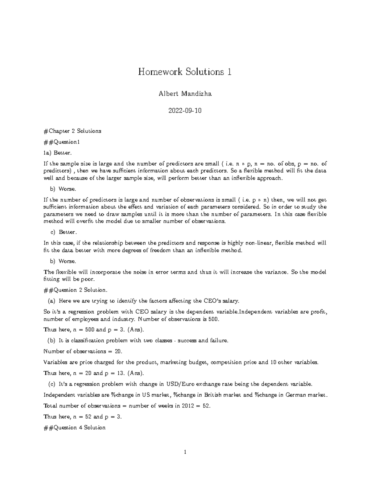 Homework 1 - Homework Solutions 1 Albert Mandizha 2022-09- #Chapter 2 ...