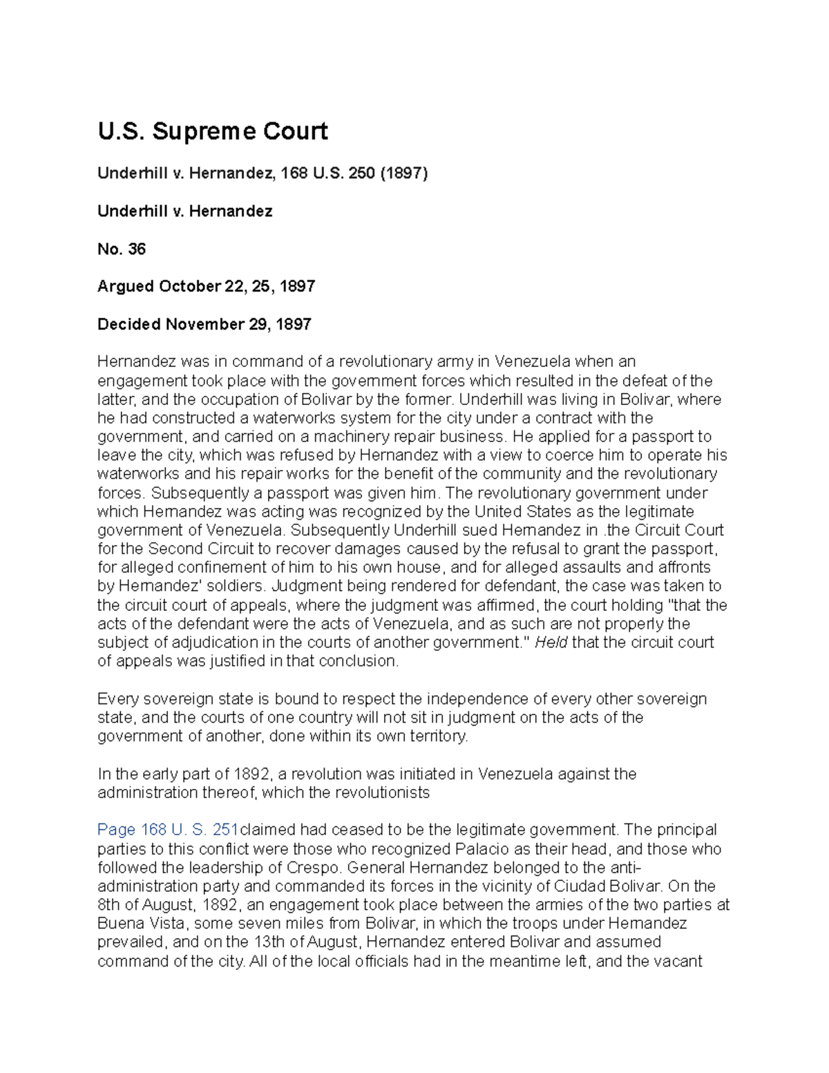 Underhill - international law - U. Supreme Court Underhill v. Hernandez ...