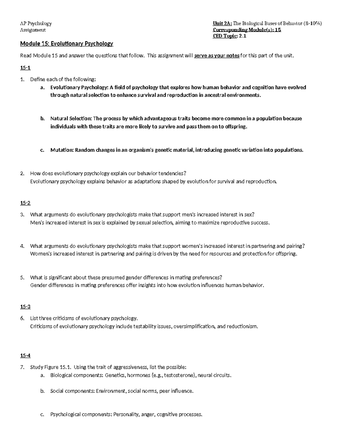(Assignment) Module 15 Evolutionary Psychology - AP Psychology Unit 2A ...