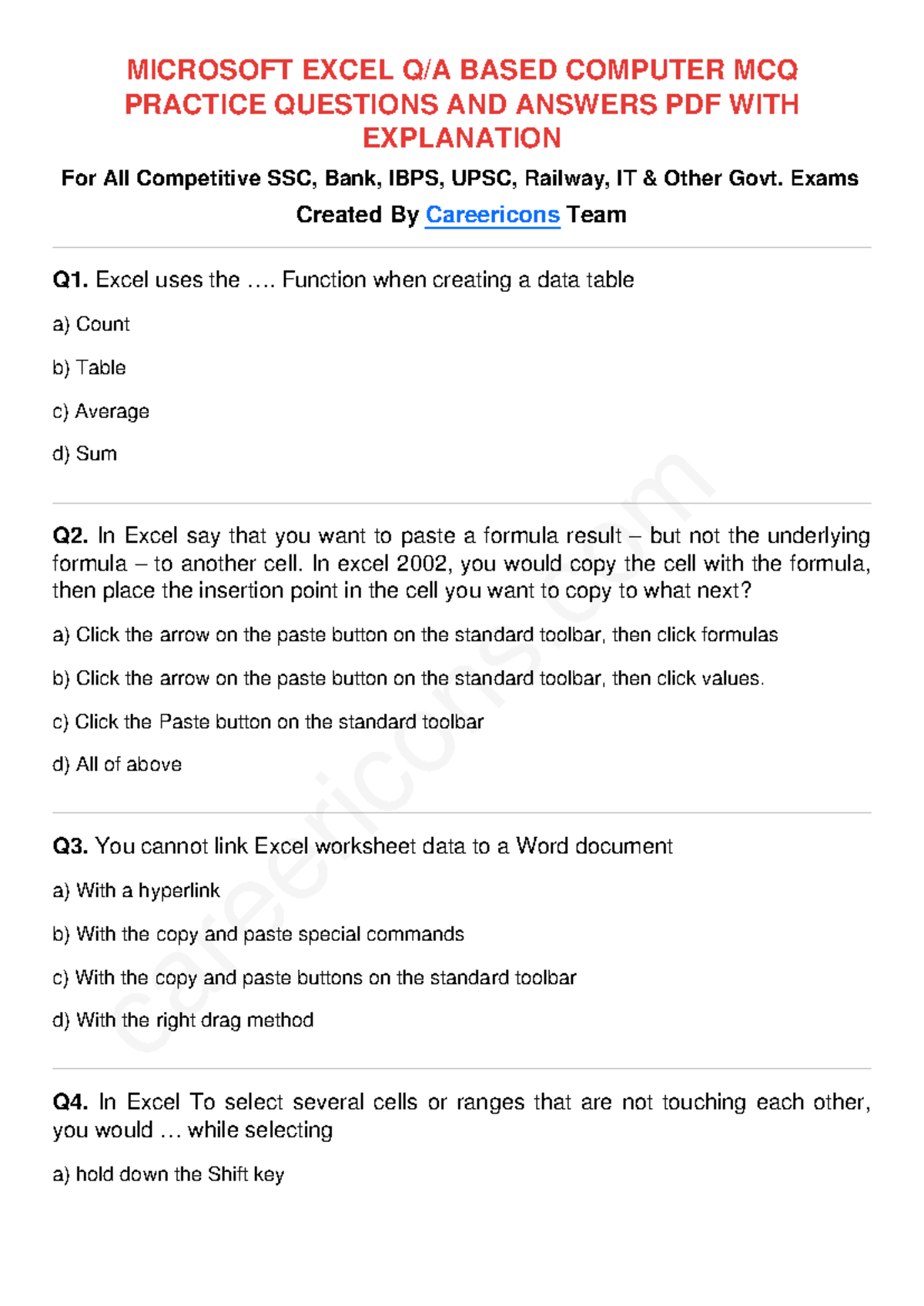 142 microsoft excel qa based computer MCQ MS excel set 1 question answer with explanation pdf ...