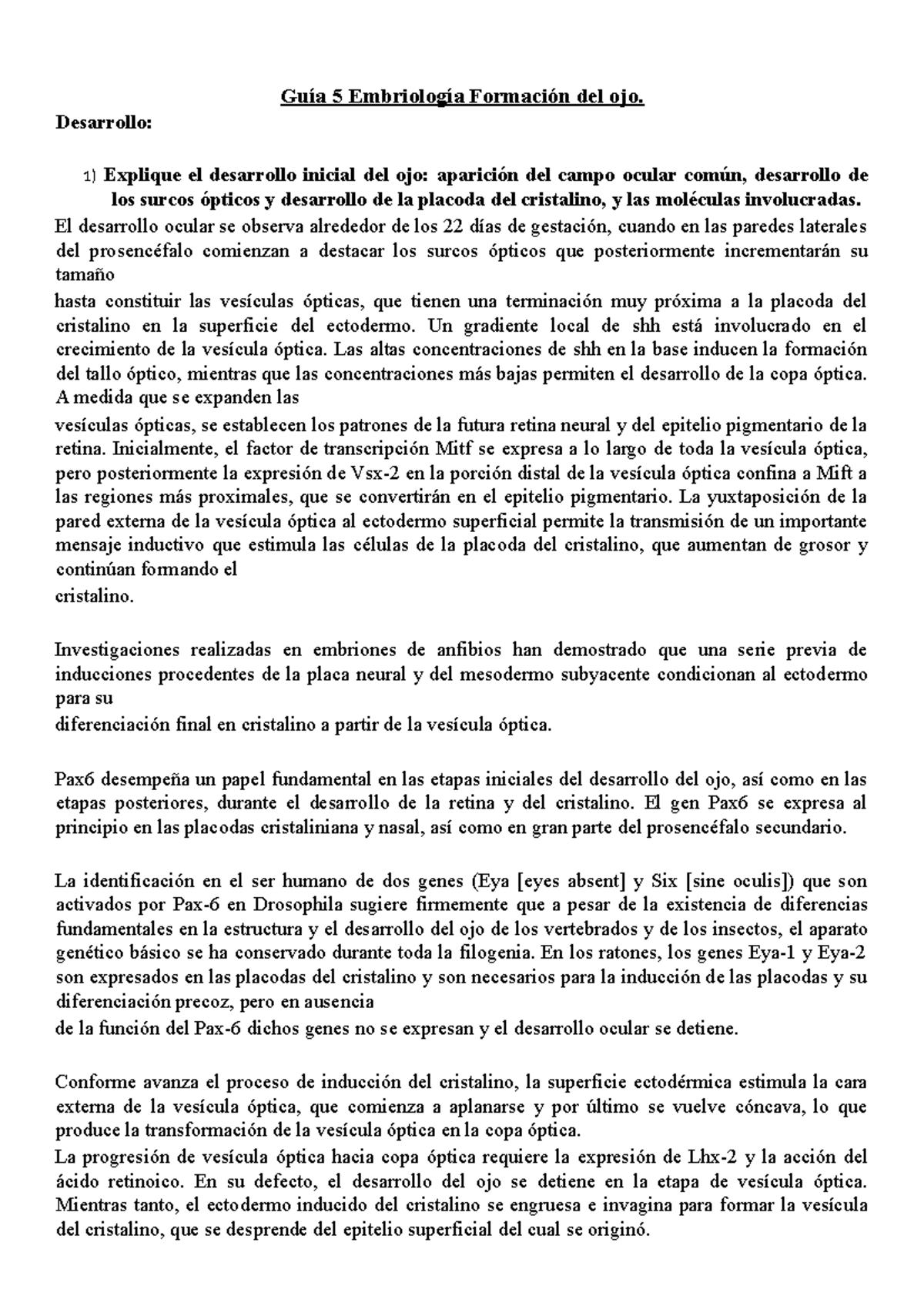 Embriología del ojo - Guía 5 Embriología Formación del ojo. Desarrollo ...