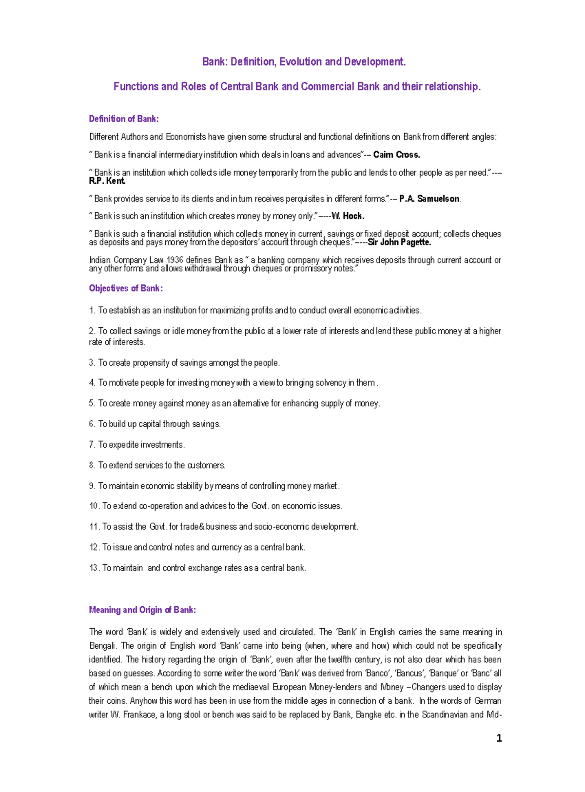 Bank Its Origin, Meaning, Objectives & Function - Bank: Definition ...