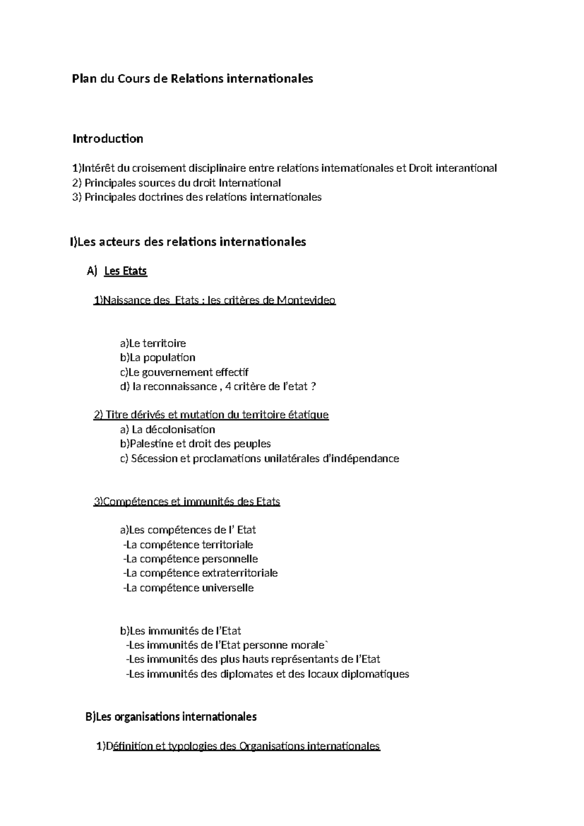 Plan du Cours de Relations Internationales - Plan du Cours de Relations internationales ...