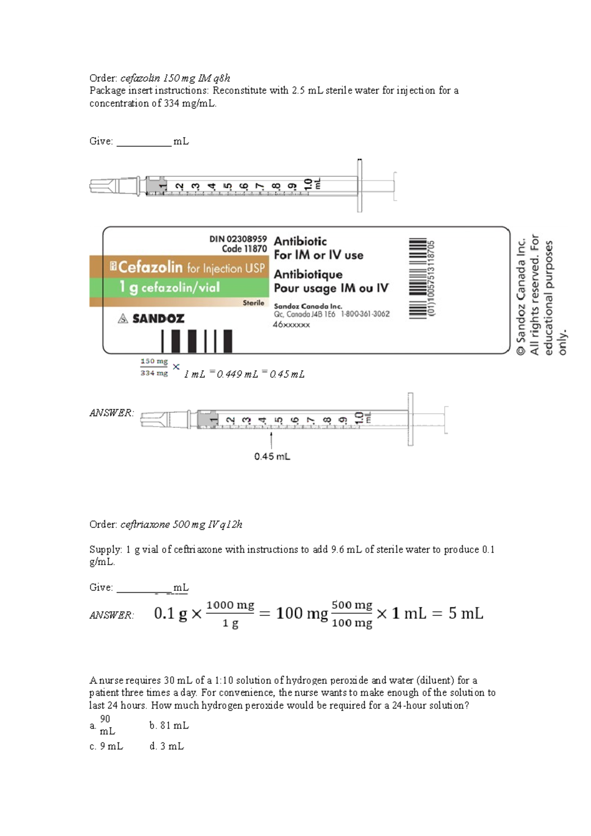 Semester 3 Math Practice - Order: cefazolin 150 mg IM q8h Package ...