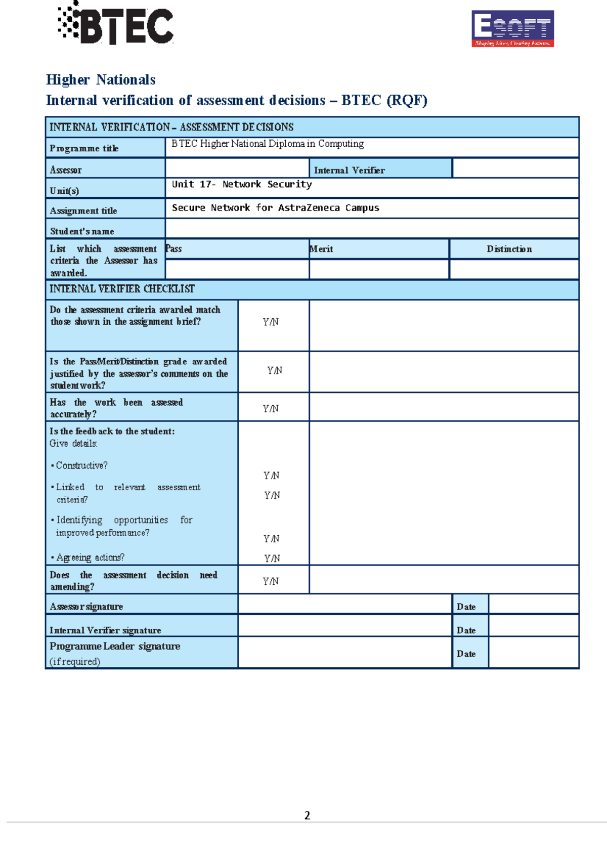 Network Security Reworded 2021 - Higher Nationals Internal verification of assessment decisions ...