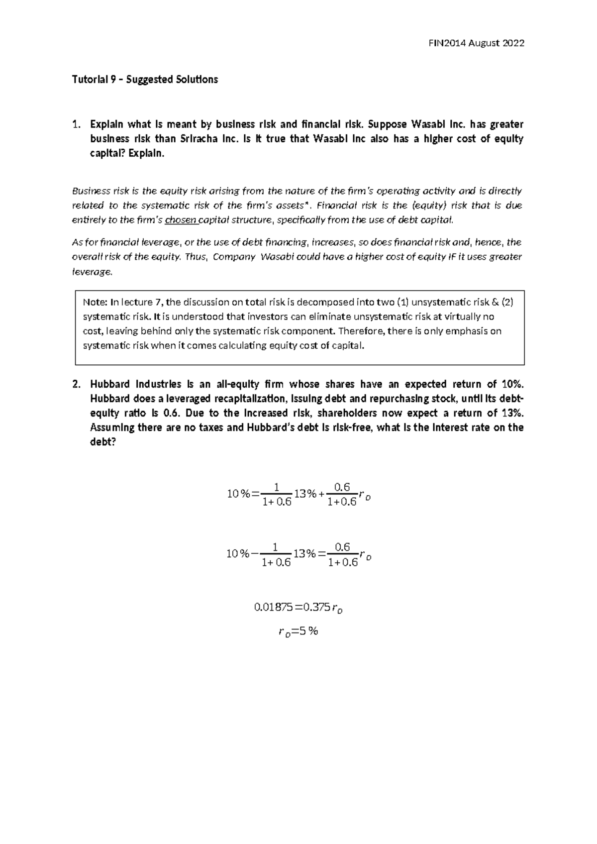 FIN2014 Tutorial 9 solutions(1)-2 - Tutorial 9 – Suggested Solutions 1. Explain what is meant by ...
