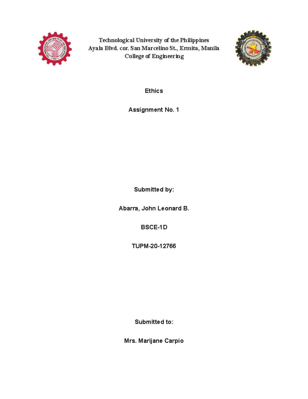 Abarra, Assignent 1 - sample material - Technological University of the ...