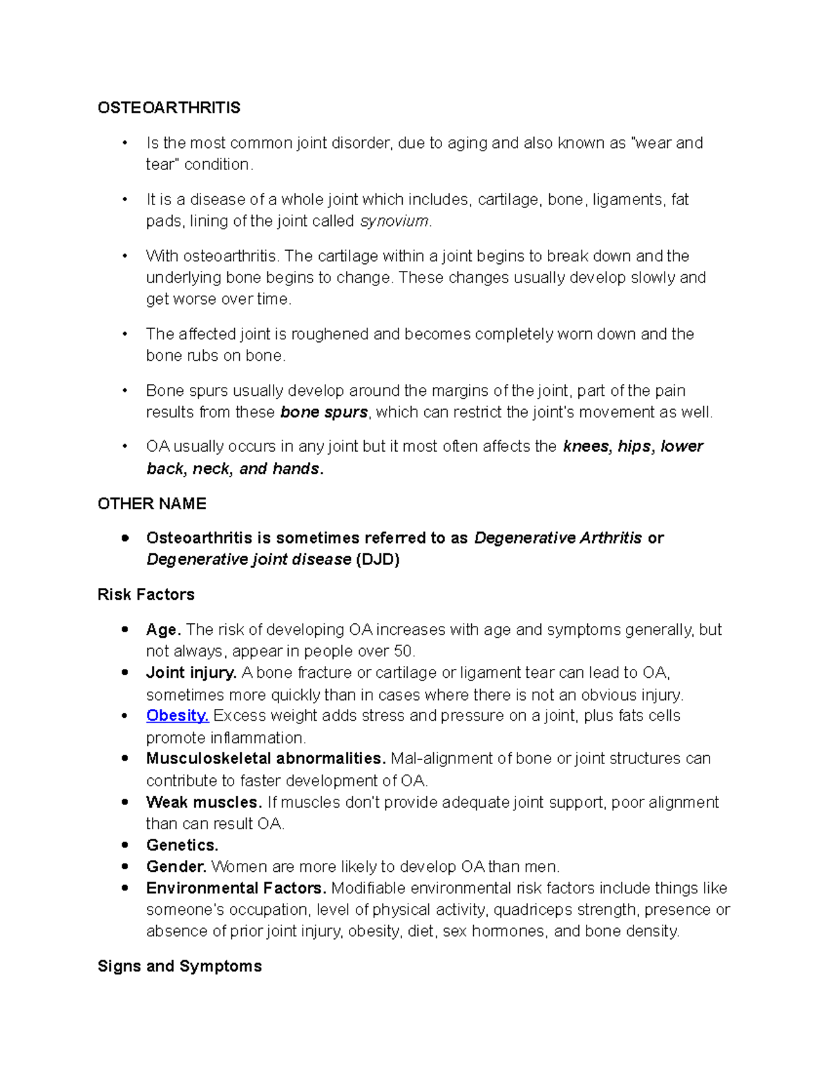 Osteoarthritis - Notes - OSTEOARTHRITIS Is the most common joint ...