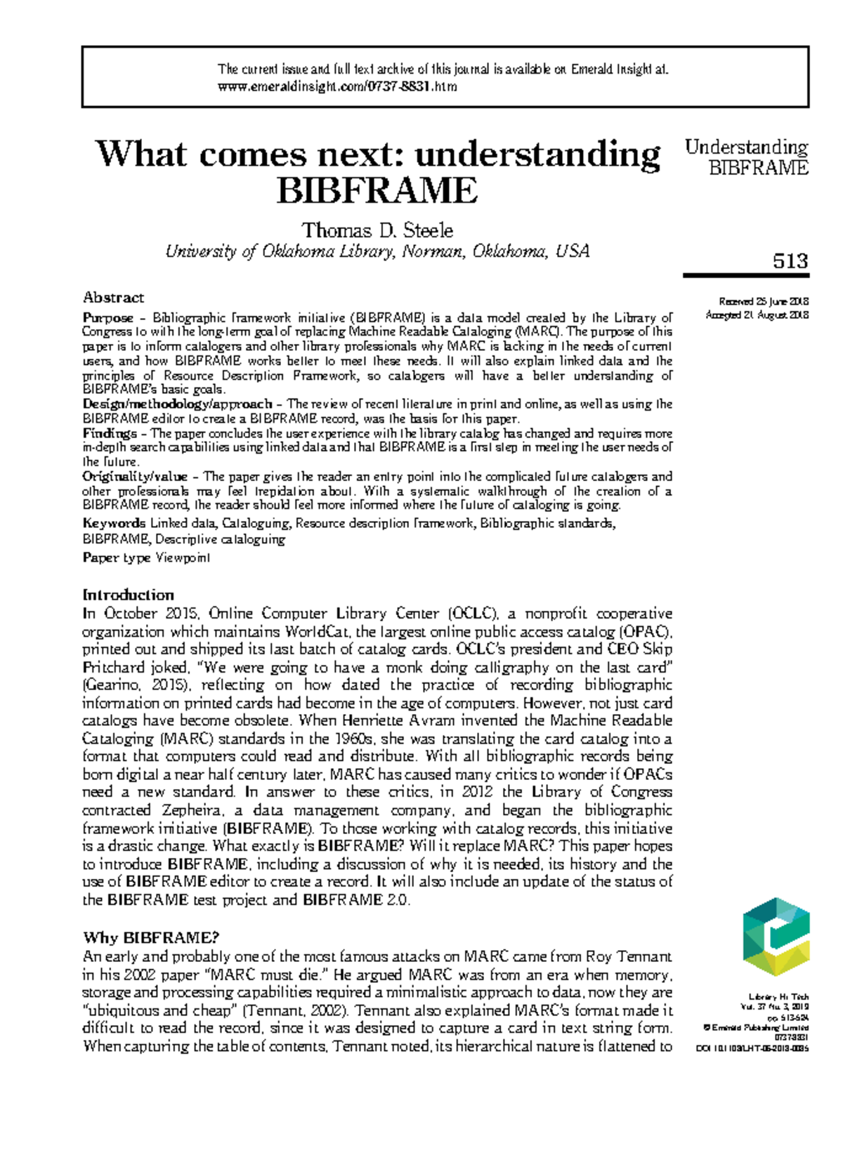 Article review 2 - What comes next: understanding BIBFRAME Thomas D ...