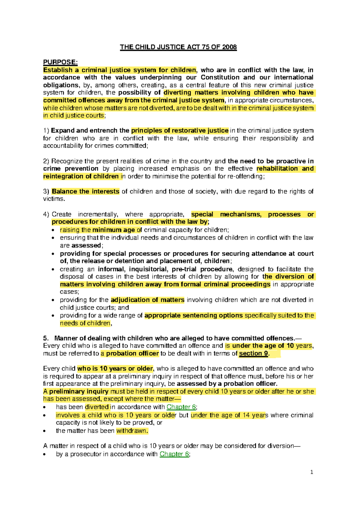 Child Justice Act summary - THE CHILD JUSTICE ACT 75 OF 2008 PURPOSE ...