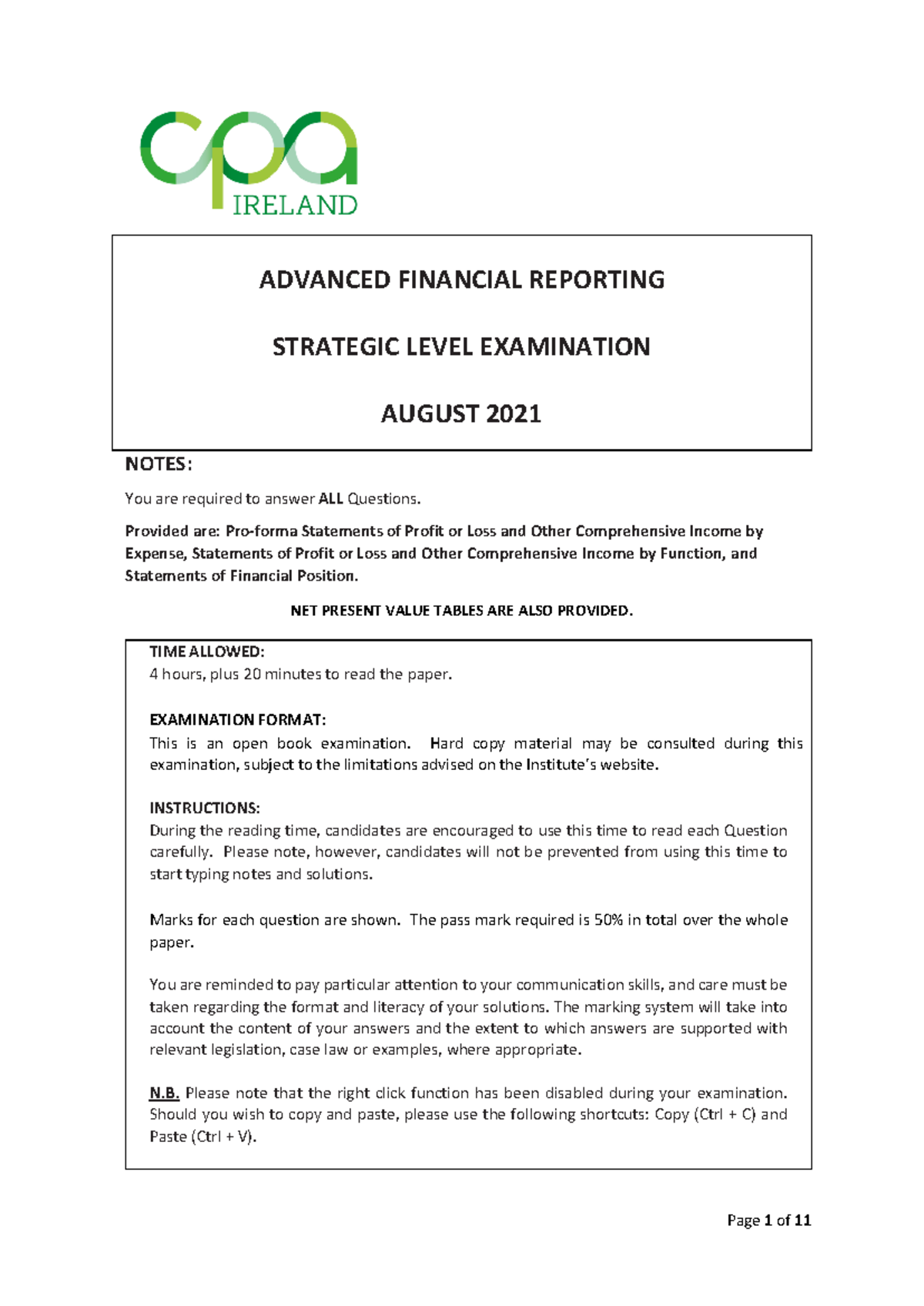 SL Advanced Financial Reporting August 2021 - NOTES: You are required ...