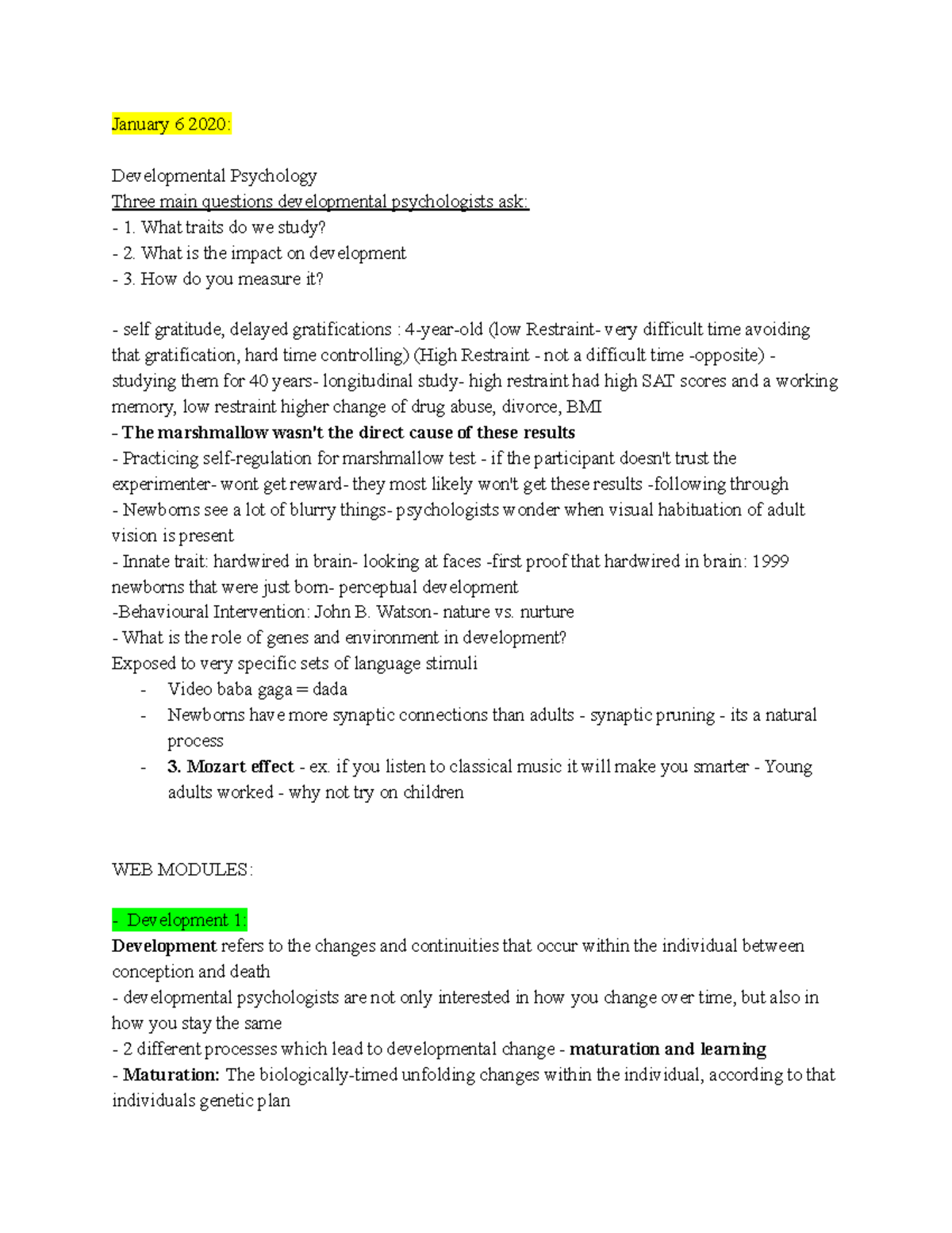 Development 1 and 2 psych 1xx3 - January 6 2020: Developmental ...