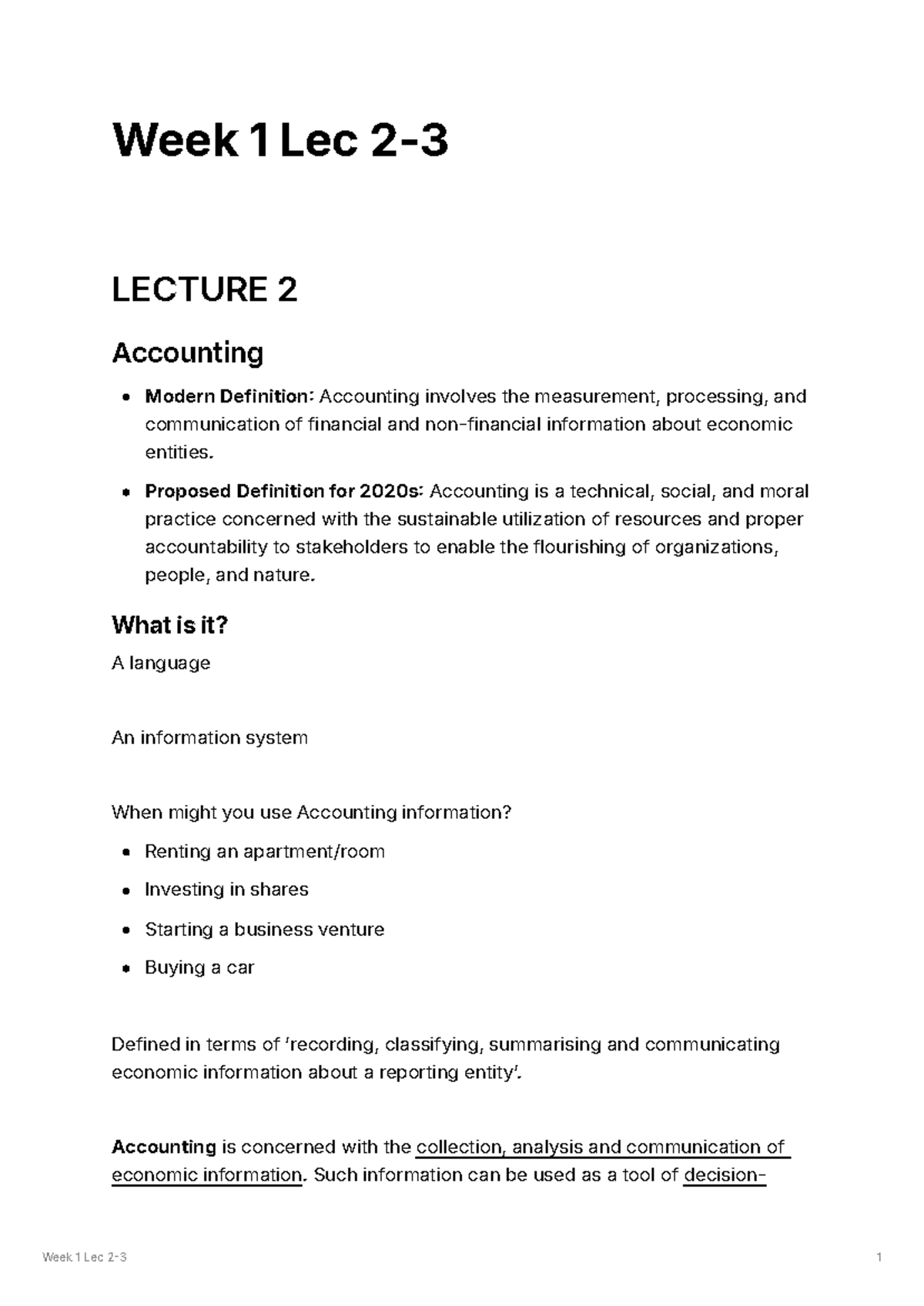 Week one lectures 2 and 3 notes - Week 1 Lec 2- LECTURE 2 Accounting ...
