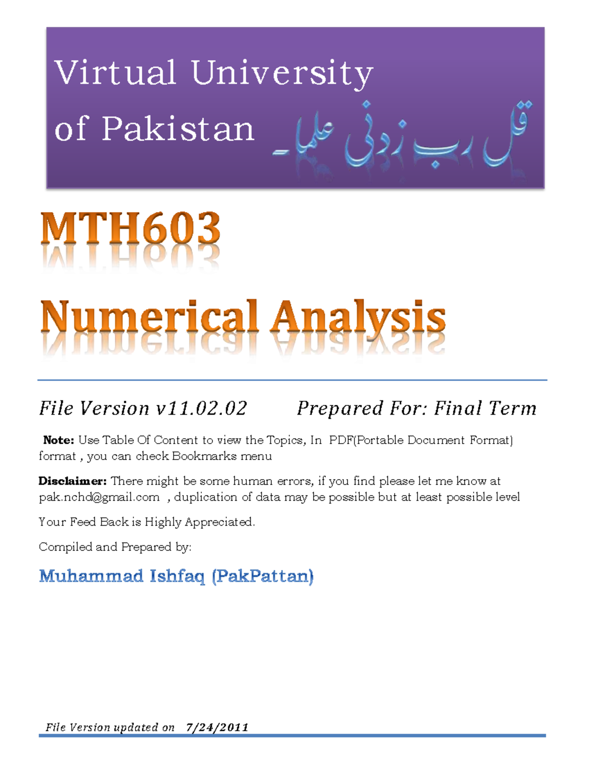 MTH603 finalterm huge file - File Version v 11 .02 Prepared For: Final Term Note: Use Table Of ...
