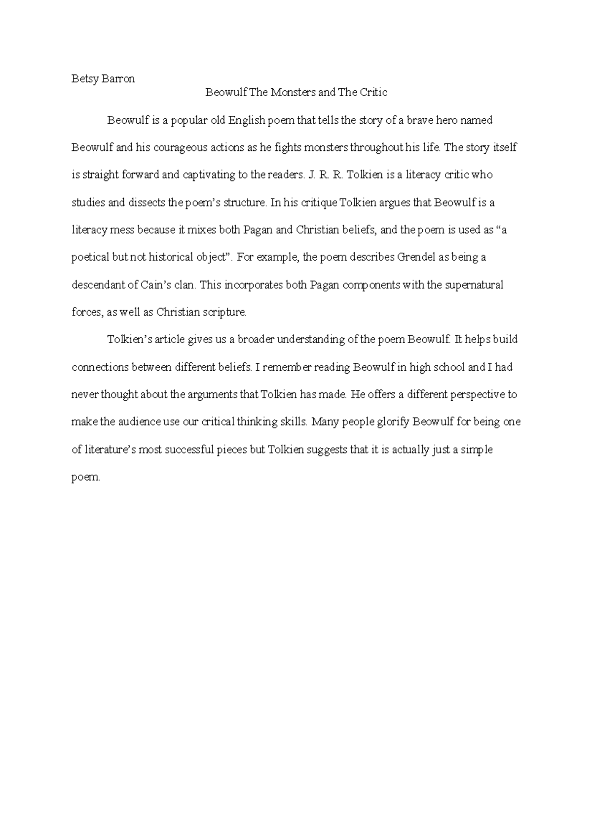 Beowulf the monsters and the critic - Betsy Barron Beowulf The Monsters ...