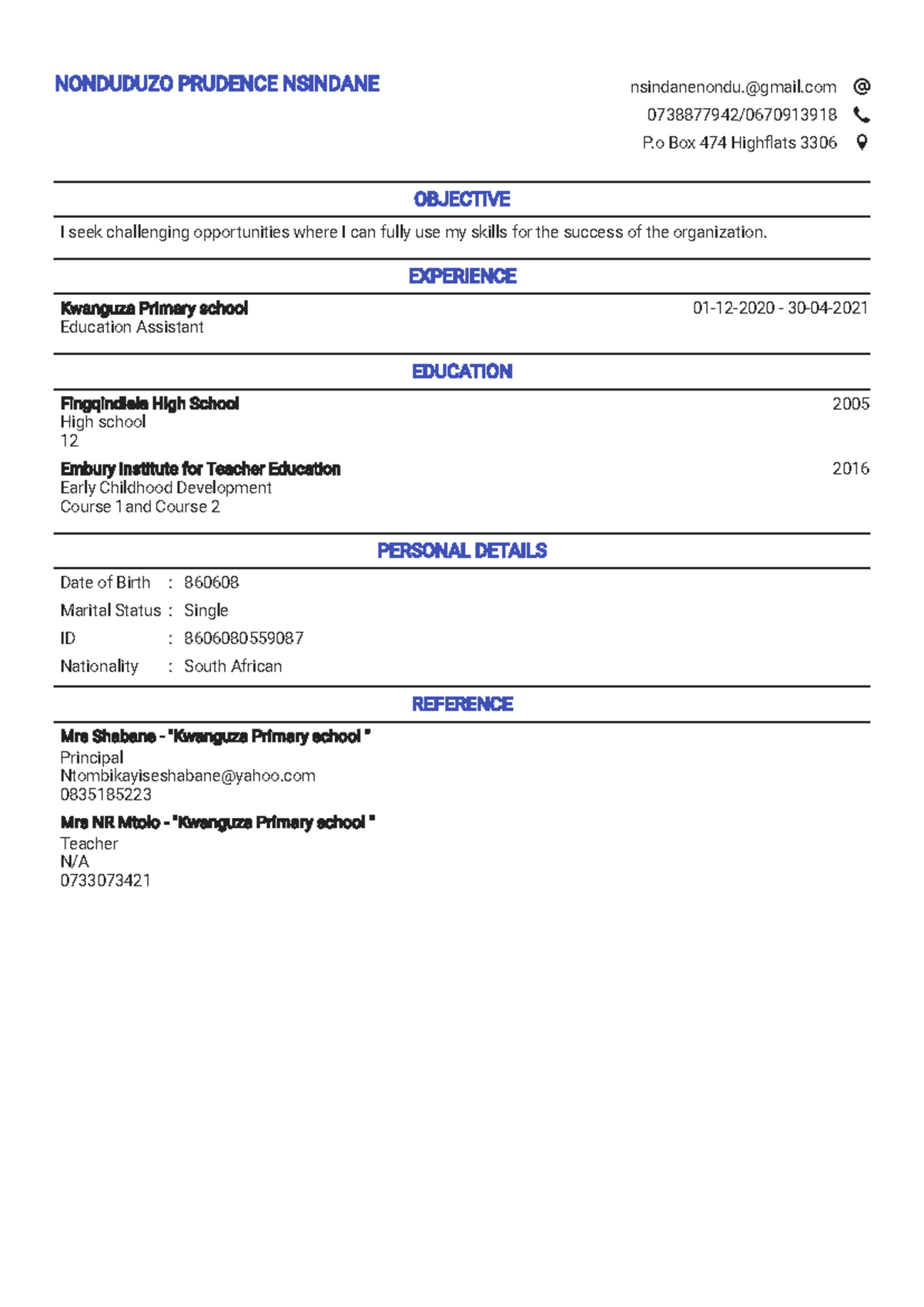 CV 2023011421275784 - Good results - 01-12-2020 - 30-04- 2005 2016 NONDUDUZO PRUDENCE NSINDANE ...