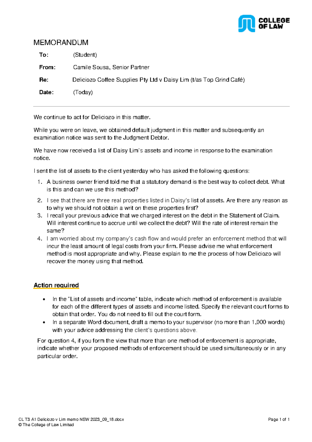 CL T3 A1 Deliciozo v Lim memo NSW 2023 09 18 - While you were on leave ...