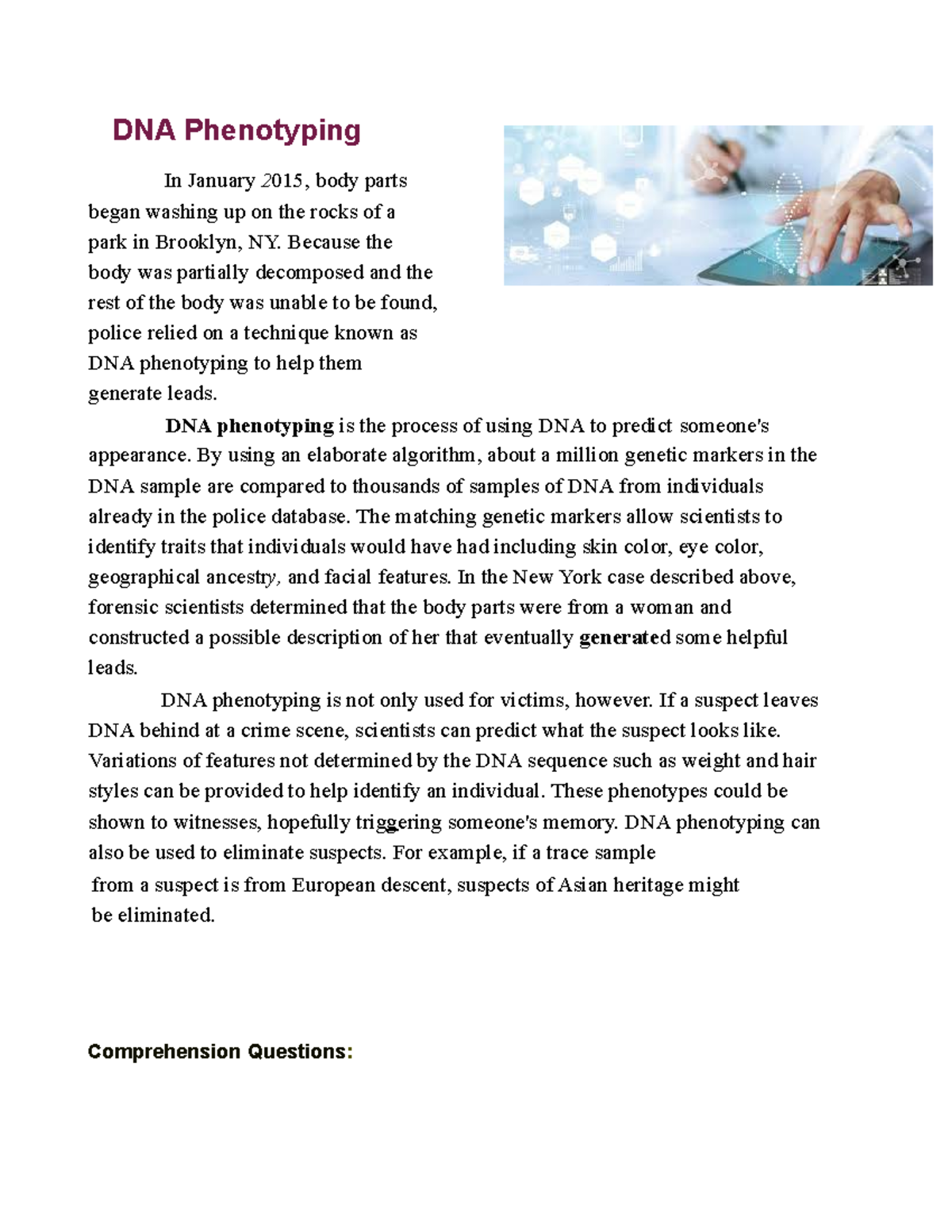 DNA Phenotyping - homework - DNA Phenotyping In January 2 015, body ...