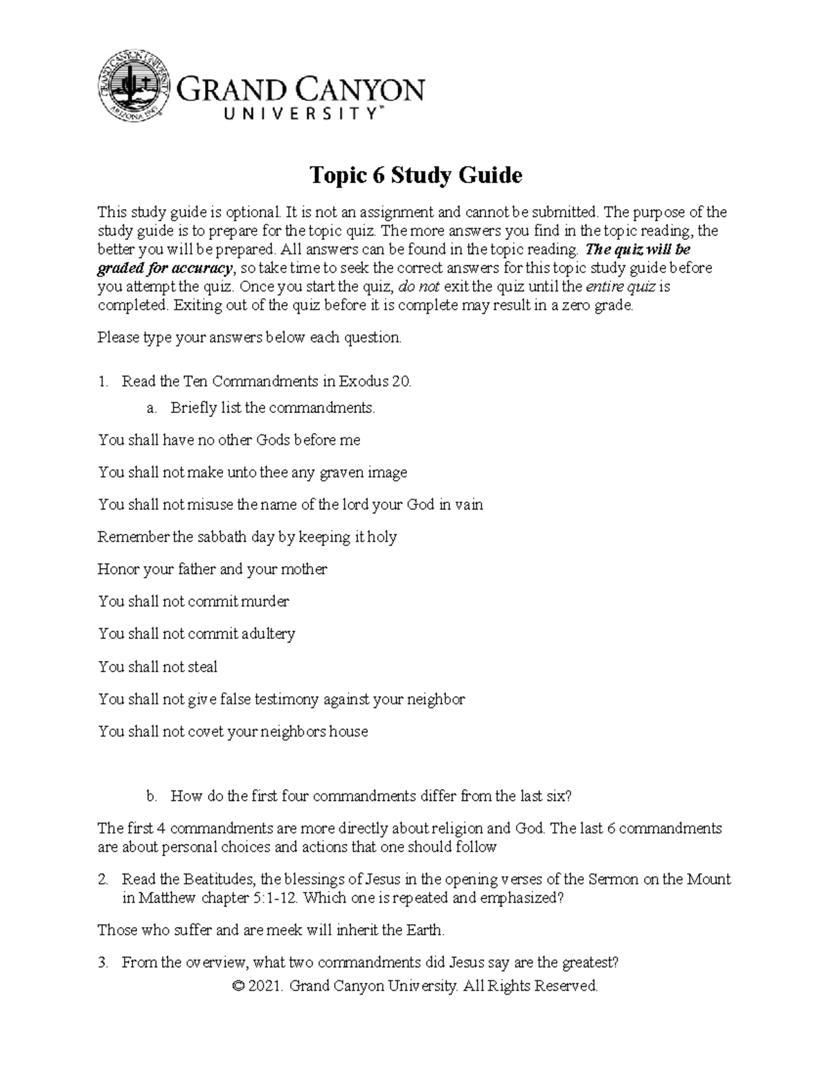 Topic 6 study guide - Topic 6 Study Guide This study guide is optional ...