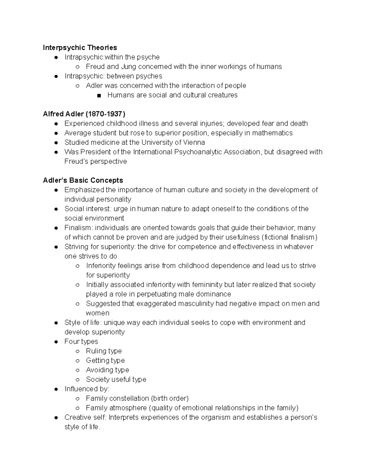 Ch. 4 Interpsychic Theories Alfred Adler - Interpsychic Theories ...