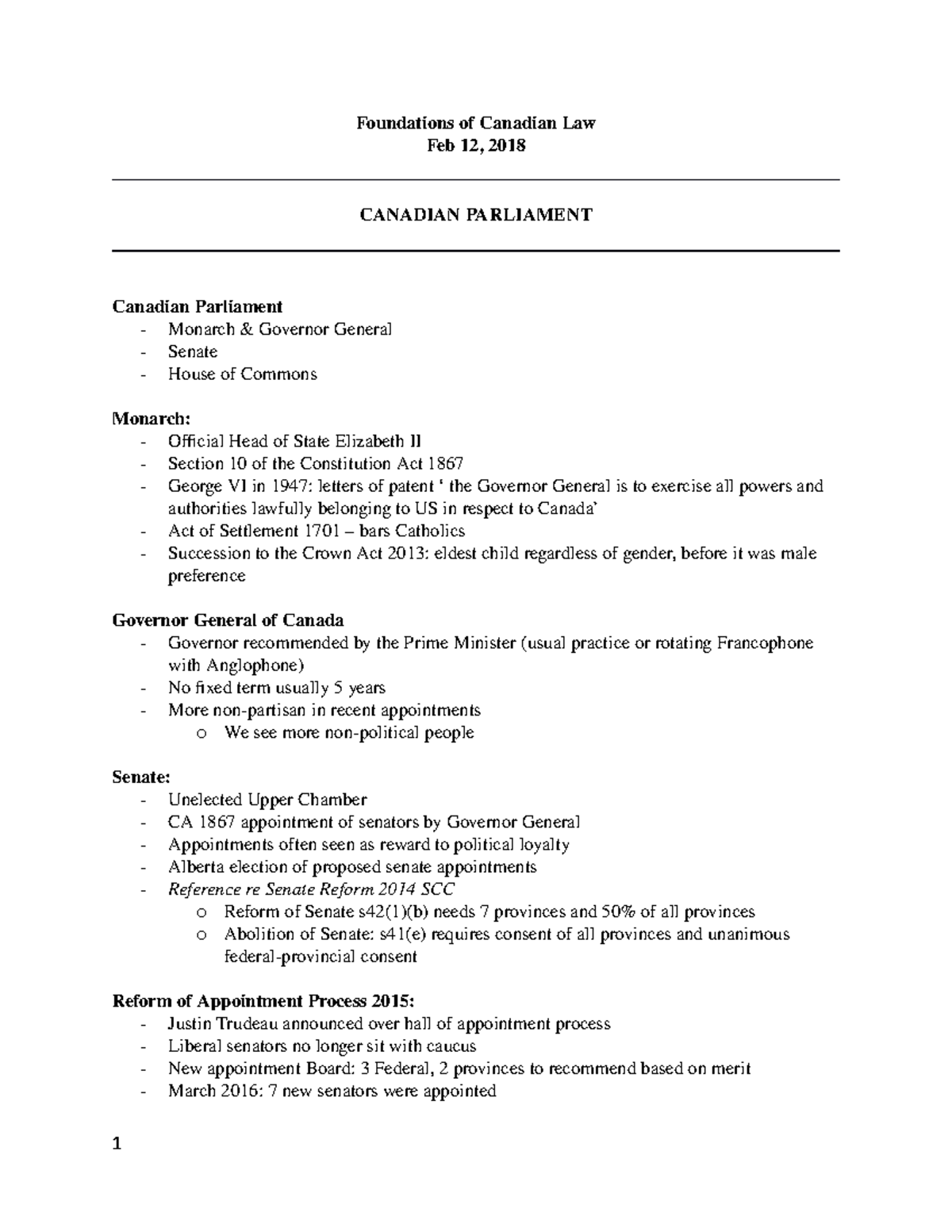 FCL - Lecture 5 - Foundations of Canadian Law Feb 12, 2018 CANADIAN ...