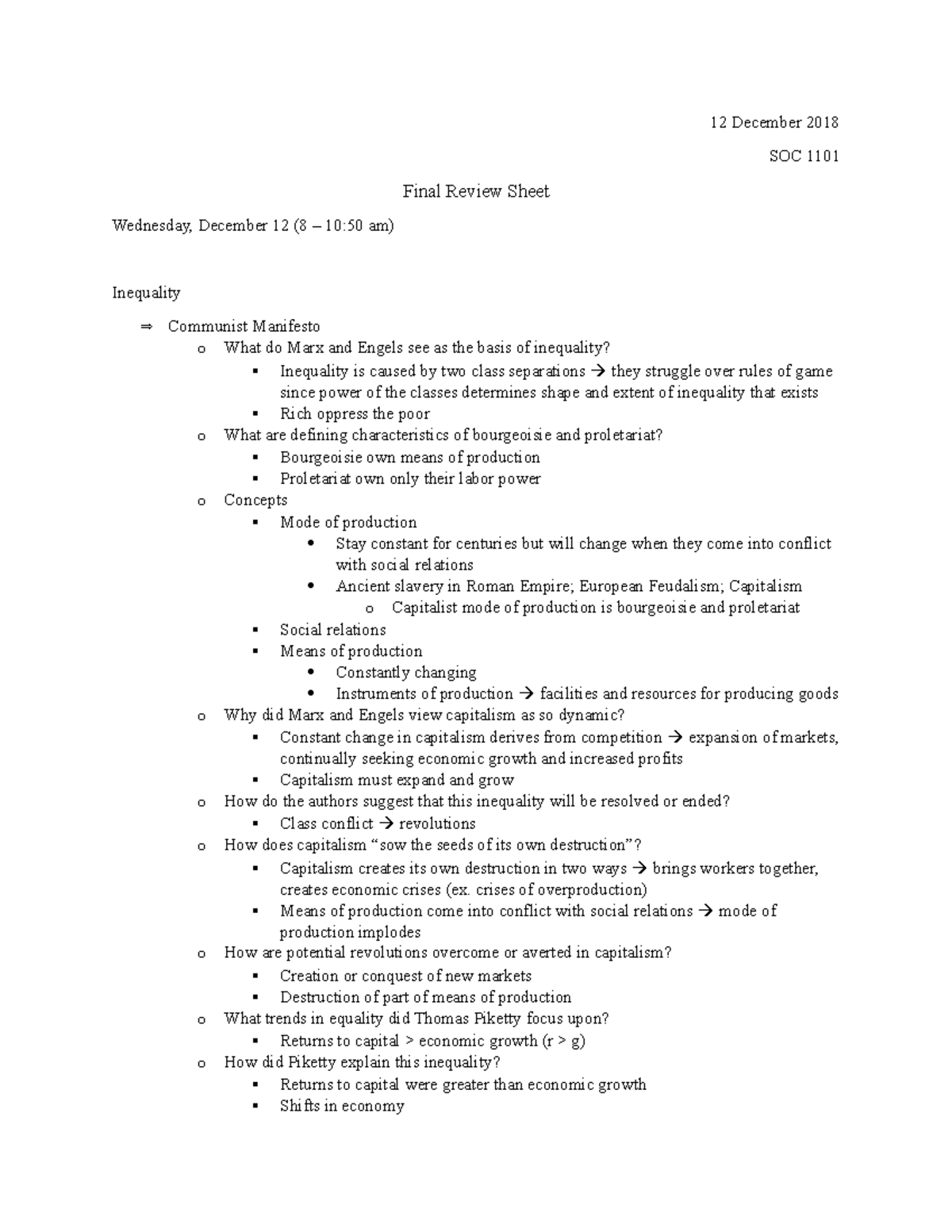 Final Review Sheet - 12 December 2018 SOC 1101 Final Review Sheet ...