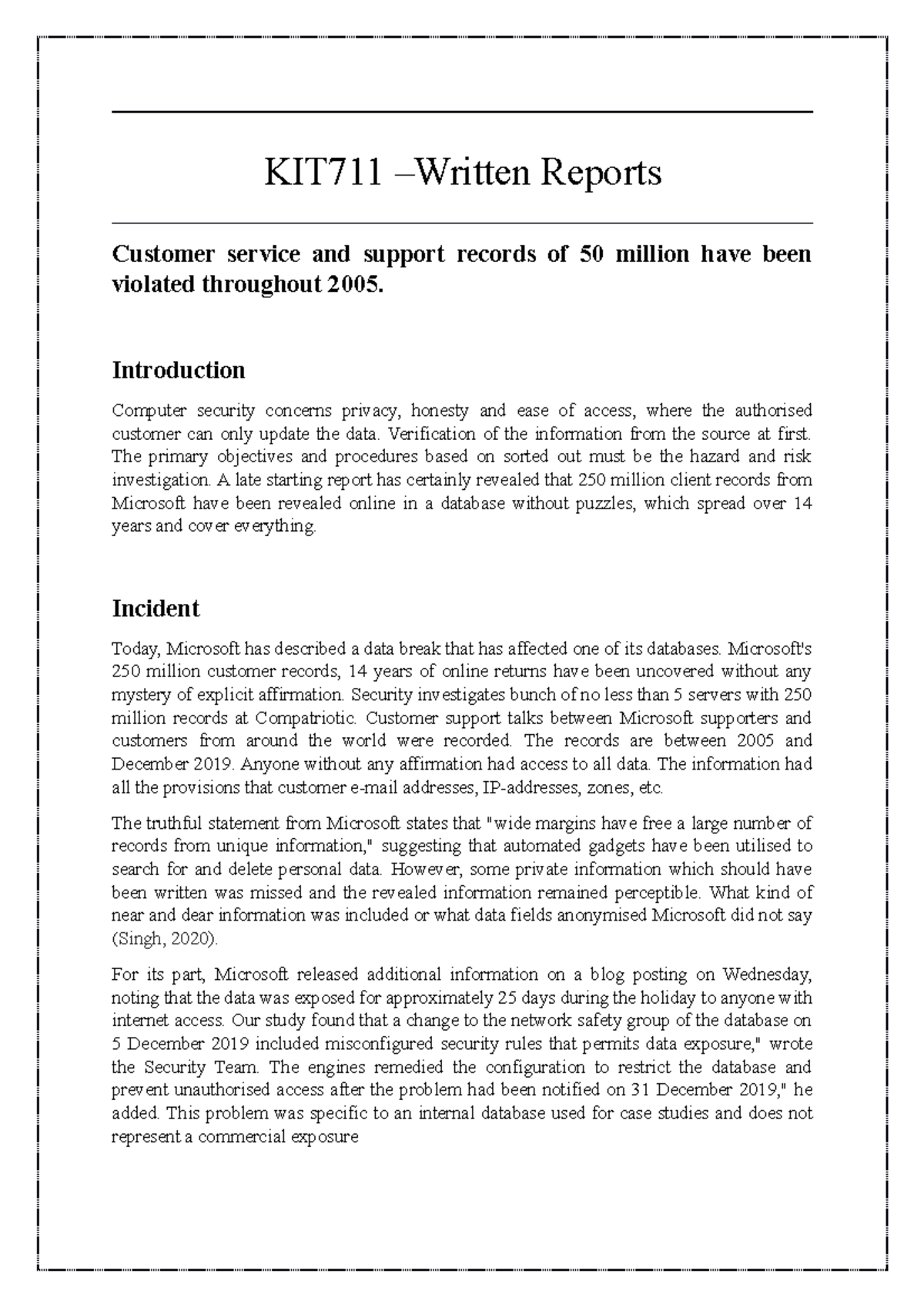 KIT711 –Written Reports - KIT711 –Written Reports Customer service and ...