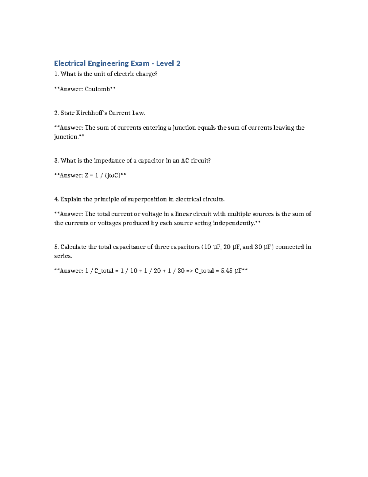 Electrical Engineering Exam Level 2 - Electrical Engineering Exam ...
