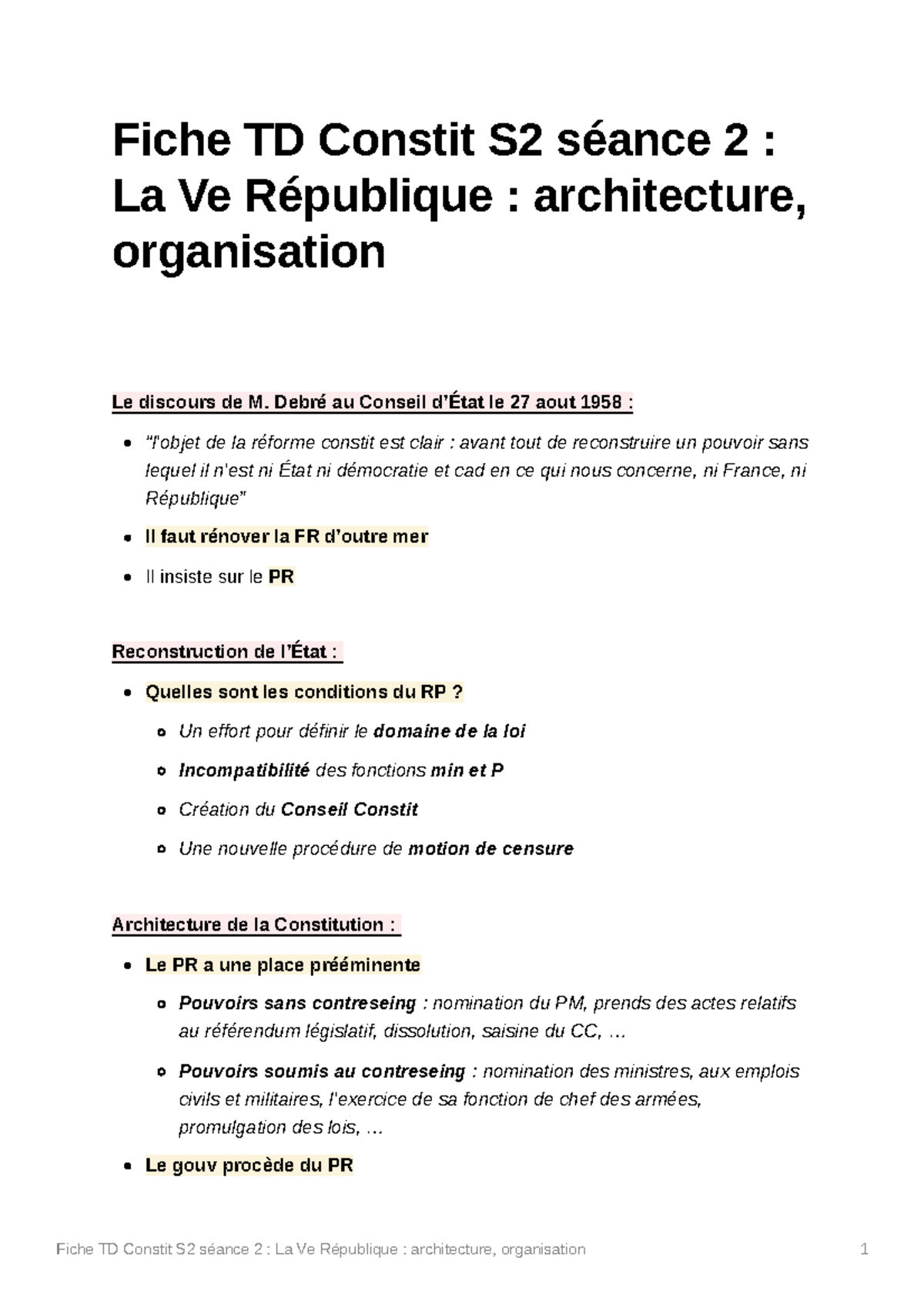 Fiche TD Constit - La Ve République : architecture, organisation - Fiche TD Constit S2 séance 2 ...