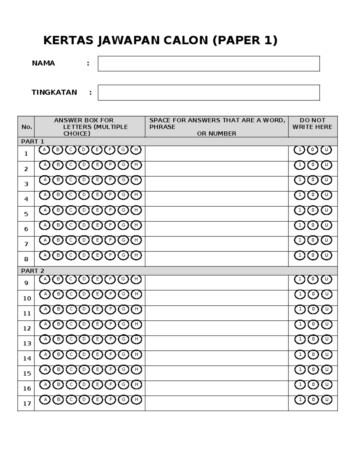 SPM Template Answer Sheet - KERTAS JAWAPAN CALON (PAPER 1) NAMA : TINGKATAN : No. ANSWER BOX FOR ...