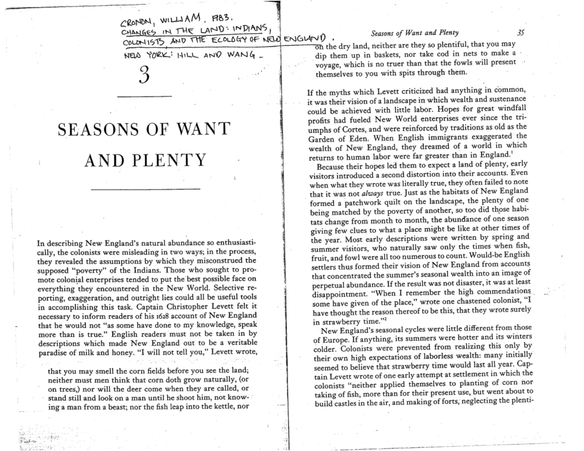 Cronon Seasons of Want and Plenty - GEO 201 - Studocu