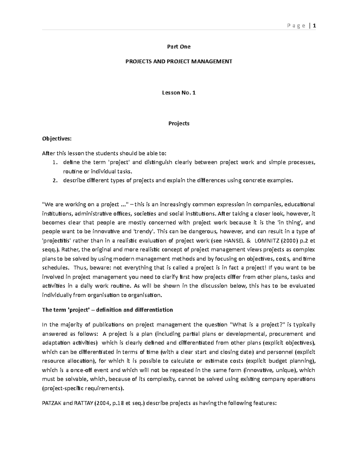 Part 1 project Management - Part One PROJECTS AND PROJECT MANAGEMENT ...