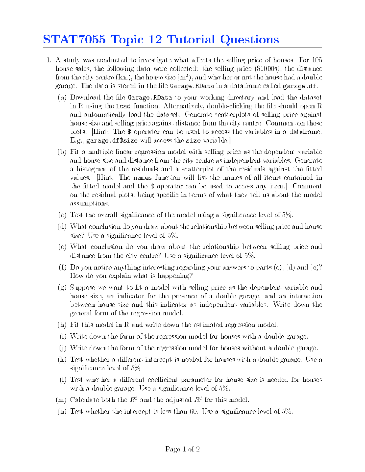 T12 Sol - 12121212121212 - STAT 7055 Topic 12 Tutorial Questions A ...